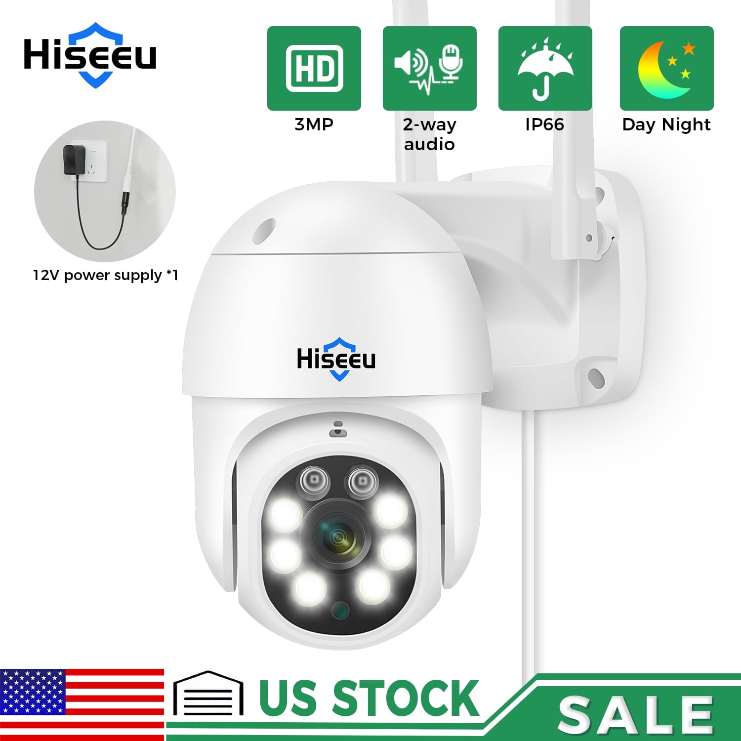 Hiseeu 2K 3MP Wireless Add-on PTZ Security Camera IR Color Night Vision ...