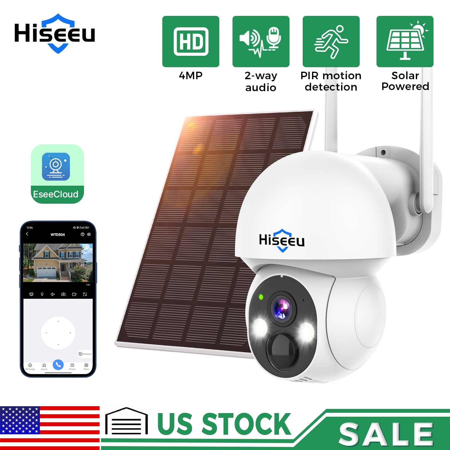 Hiseeu 4MP PTZ Dome Solar Battery Powered Wireless Security Camera ...