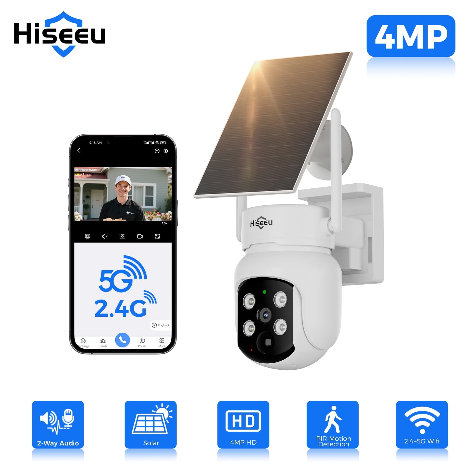 Hiseeu 4MP Solar Security Camera Wireless Outdoor ,2.4G /5G WiFi Camera ...