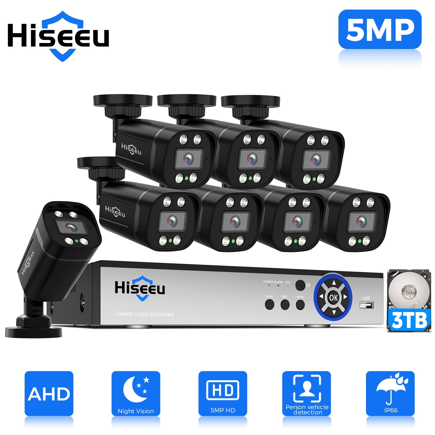 Hiseeu 5MP 8ch Wired Security System with 8 Cameras, Indoor/Outdoor ...