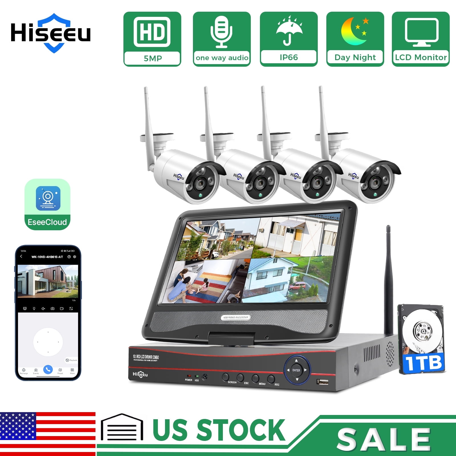 Hiseeu Outdoor WiFi Security Camera System with 10" Monitor WiFi Home ...