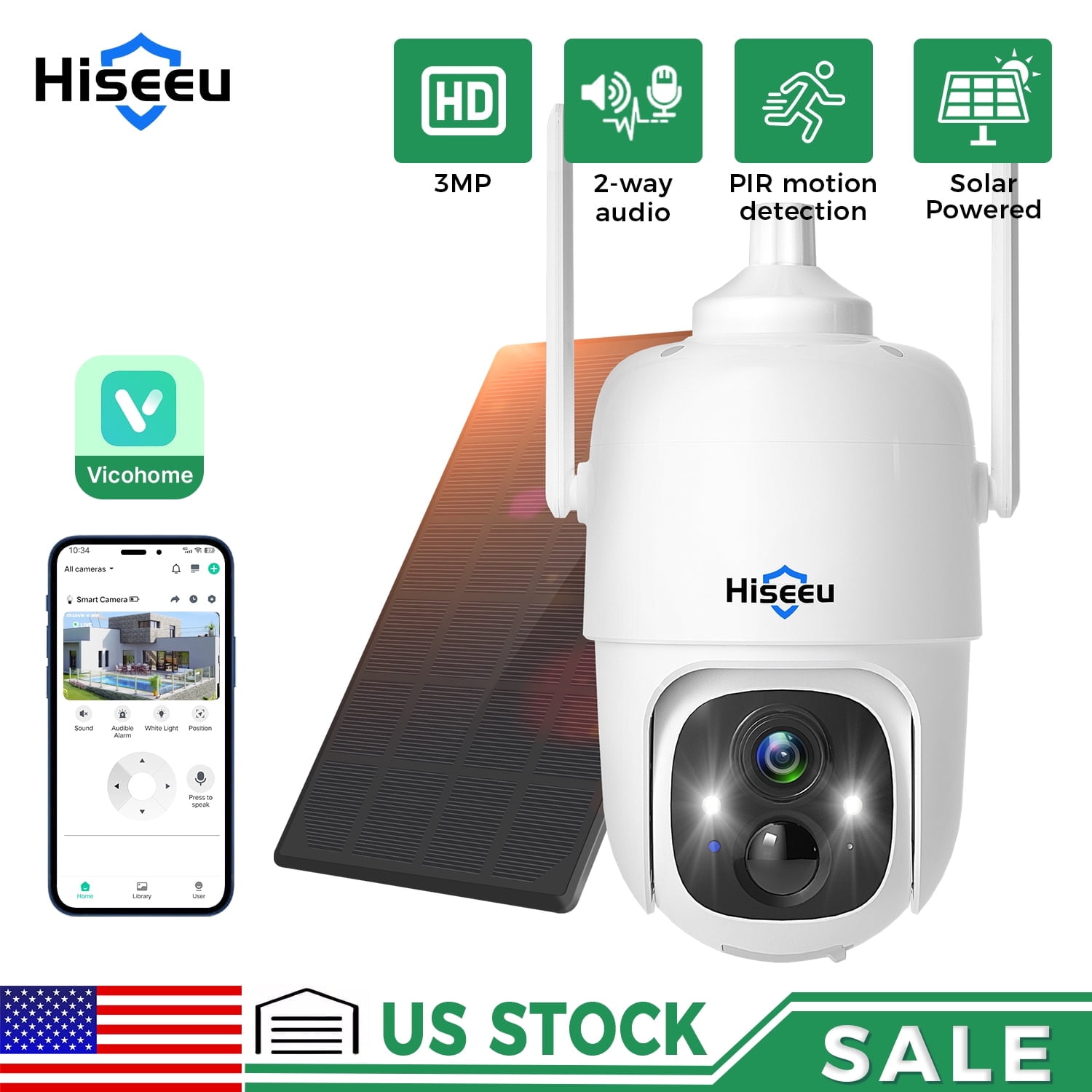 Hiseeu Solar Battery Powered Wireless Security Camera Outdoor Home Wifi IP Audio Vicohome APP ...