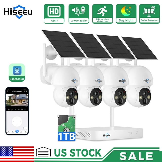 Hiseeu Solar Wireless WIFI Security Camera System, 4PCS 4MP PTZ WiFi ...