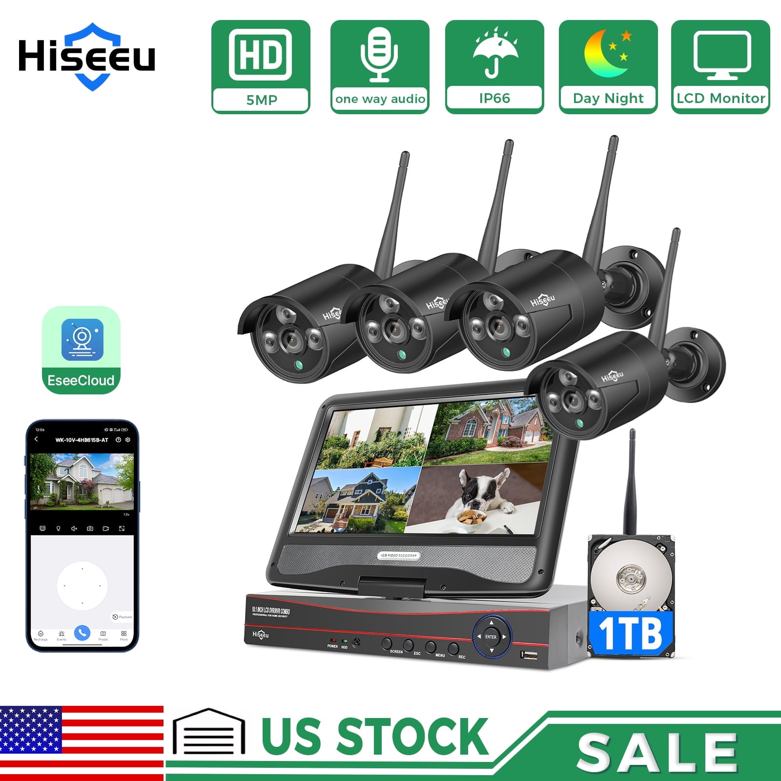 Hiseeu WiFi Outdoor Security Camera System with 10" Monitor WiFi Home ...