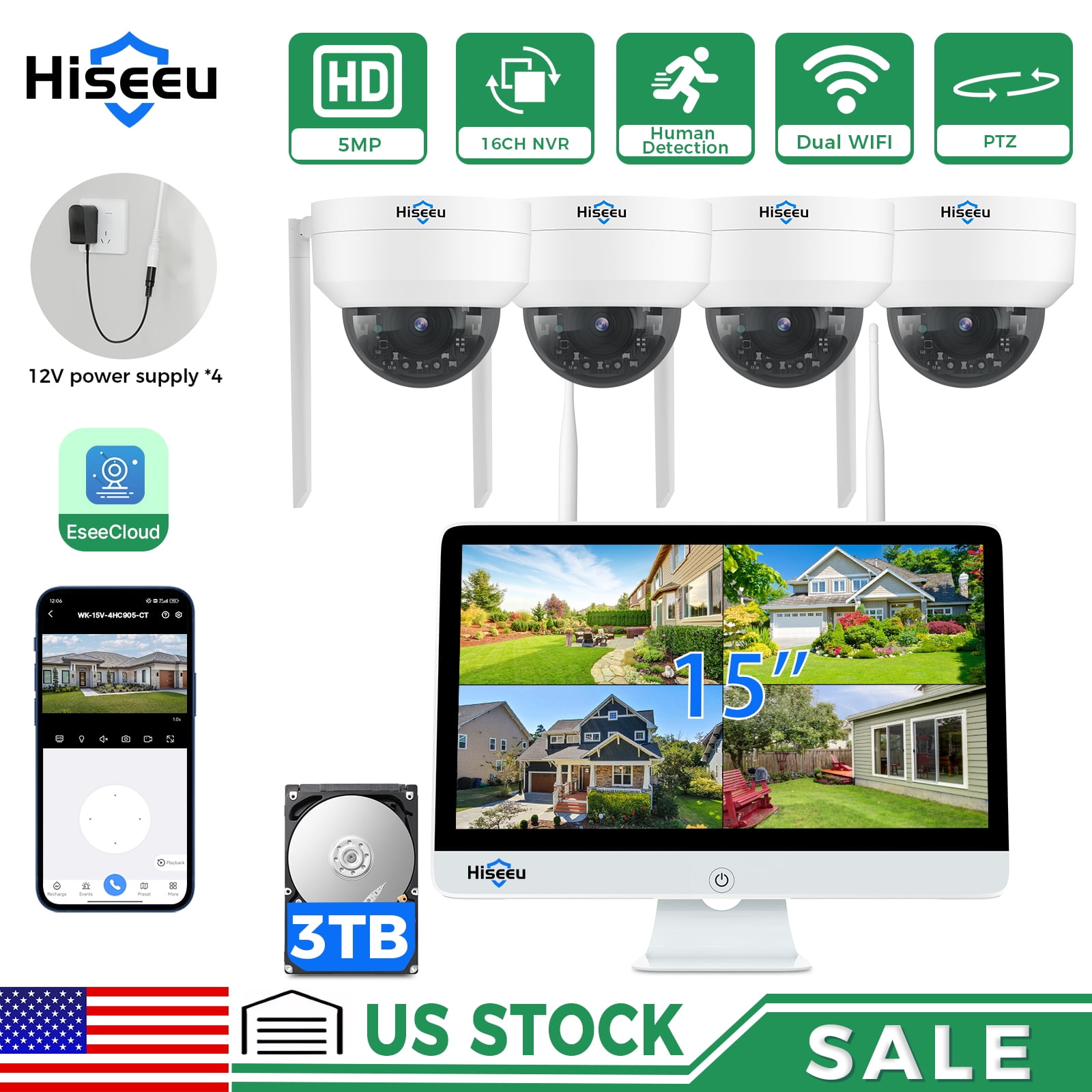 Hiseeu Wireless Security Camera System with 15" Monitor,4pcs 5MP Dome 2 ...