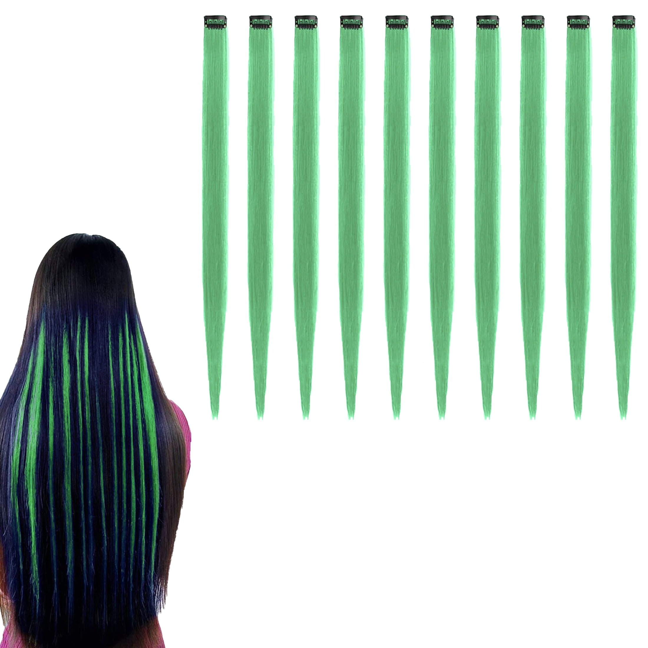 Hisgeru 10 Pcs Green Hair Extensions 22 inch Party Highlights Clip for ...