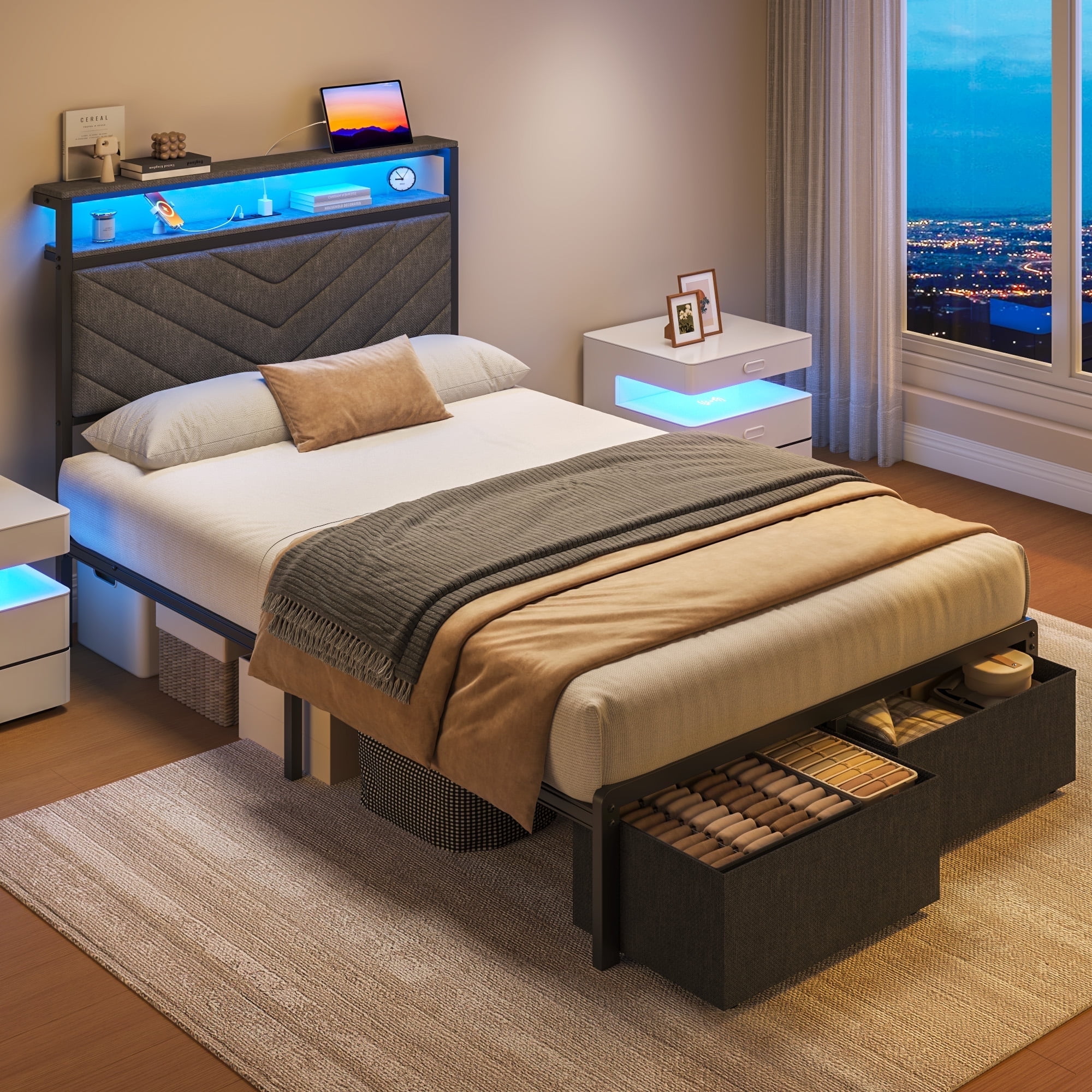 Hisoft Twin Bed Frame with 2-Tier Storage Headboard, USB Port and LED ...