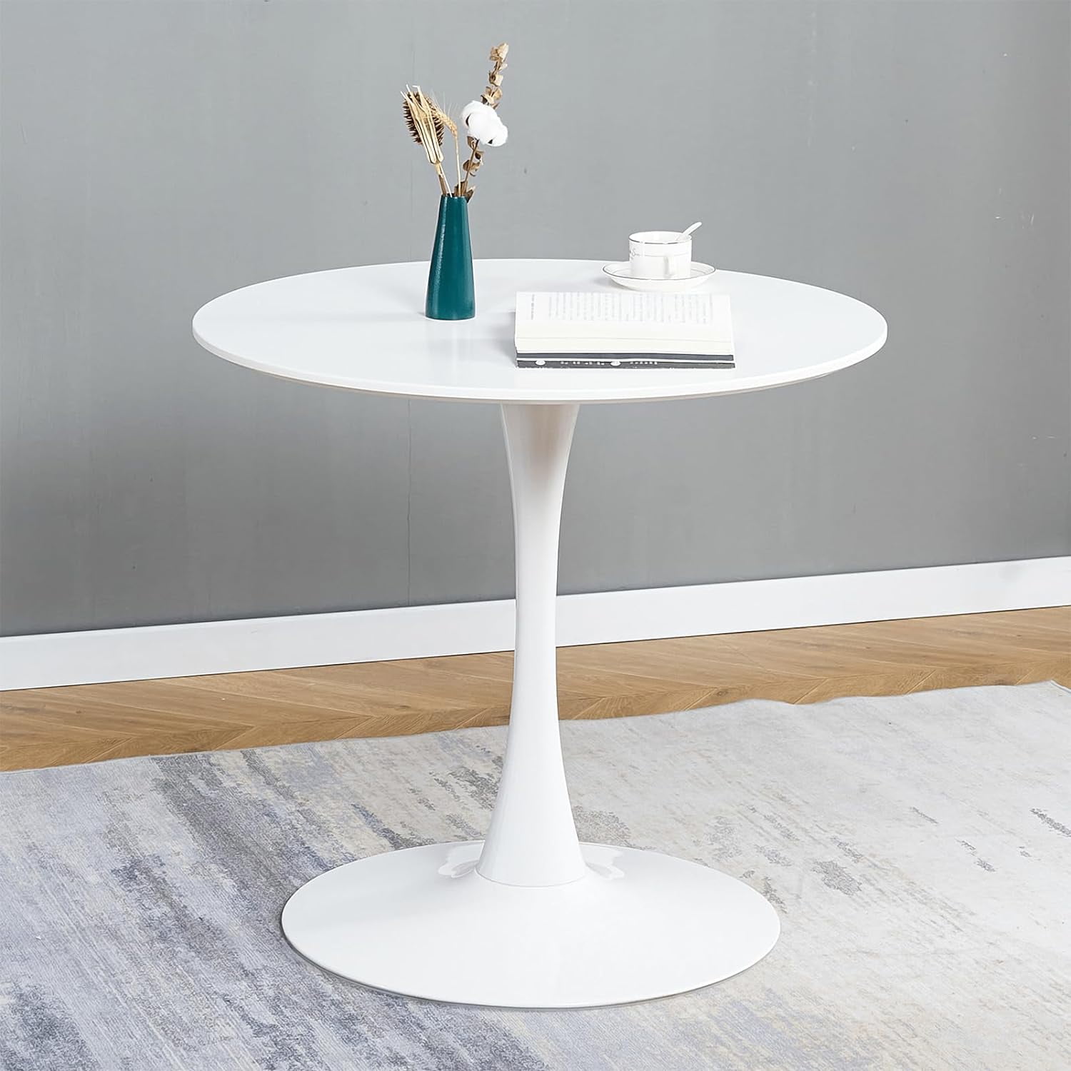 Hison White Modern Round Dining Table with Round Top and Pedestal Base ...