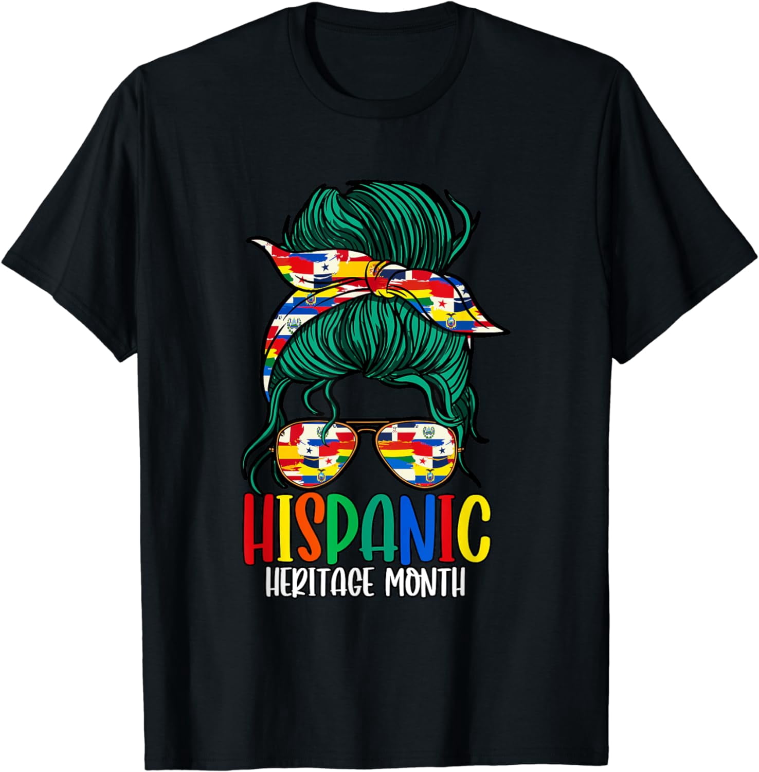 Hispanic Heritage Month Flags Messy Bun Hispanic Women T-Shirt ...