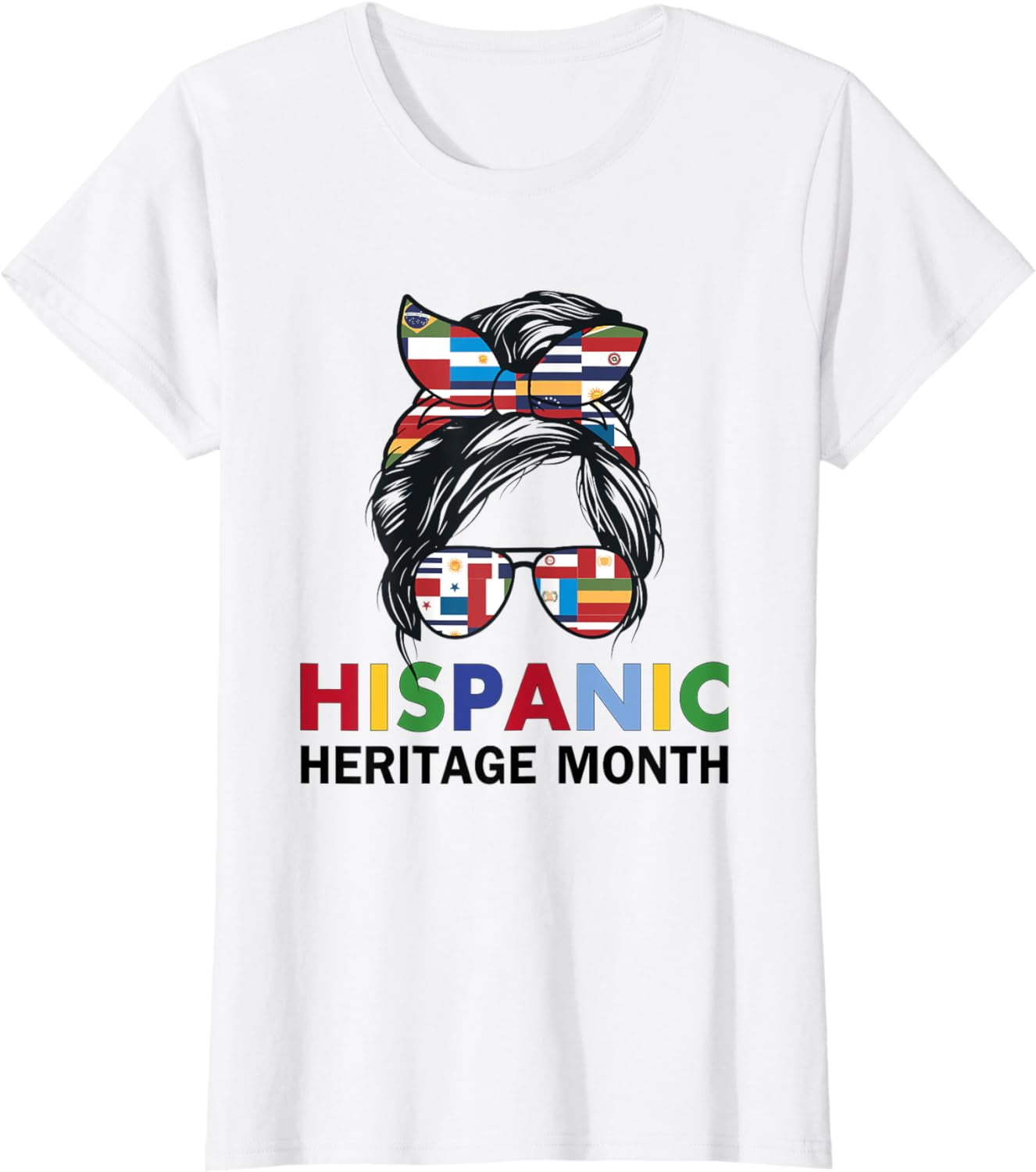 Hispanic Heritage Month Latina Messy Bun All Countries Flag T-Shirt ...