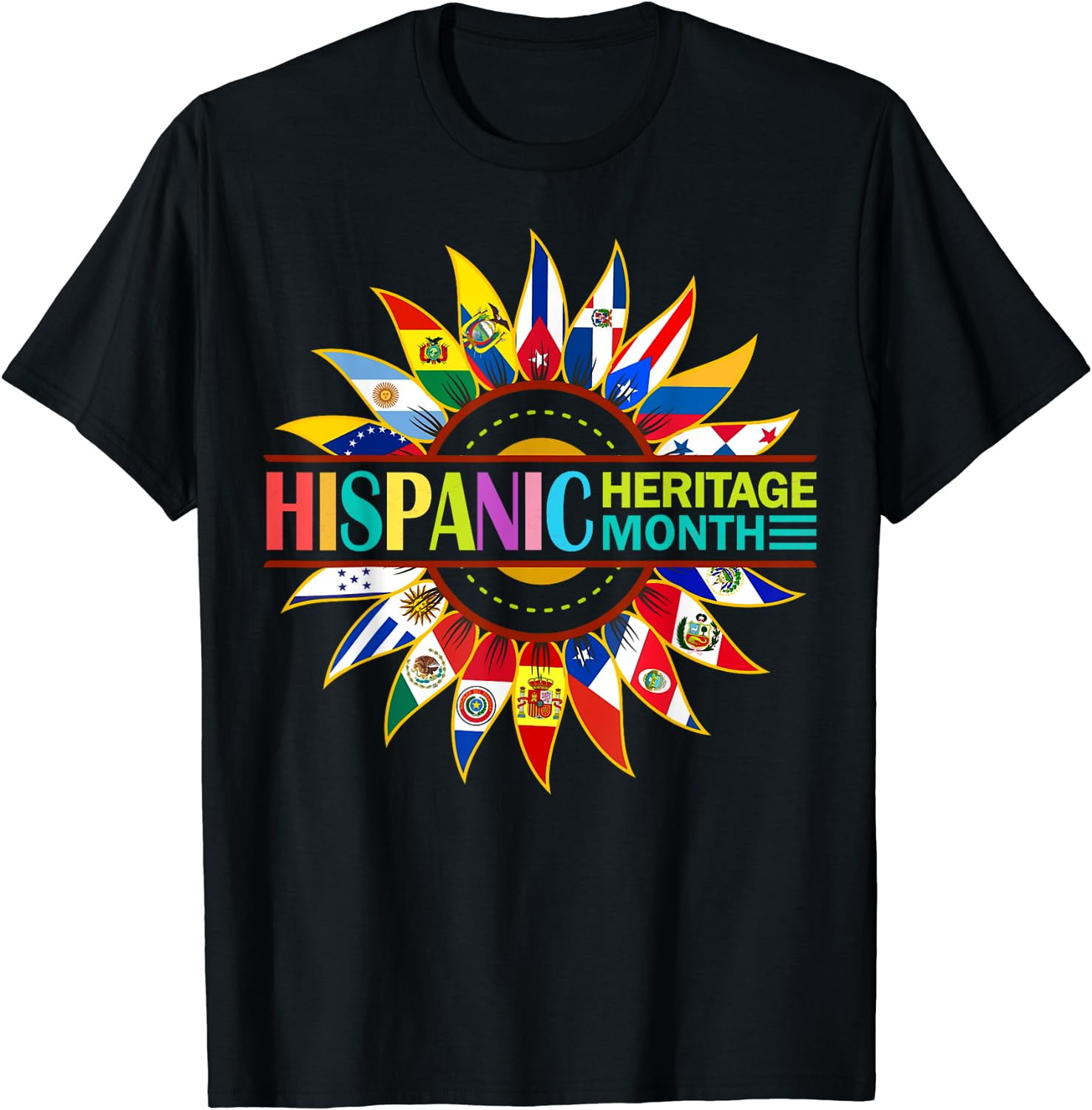 Hispanic Heritage Month Latino Countries Flags Sunflower T-Shirt Black ...