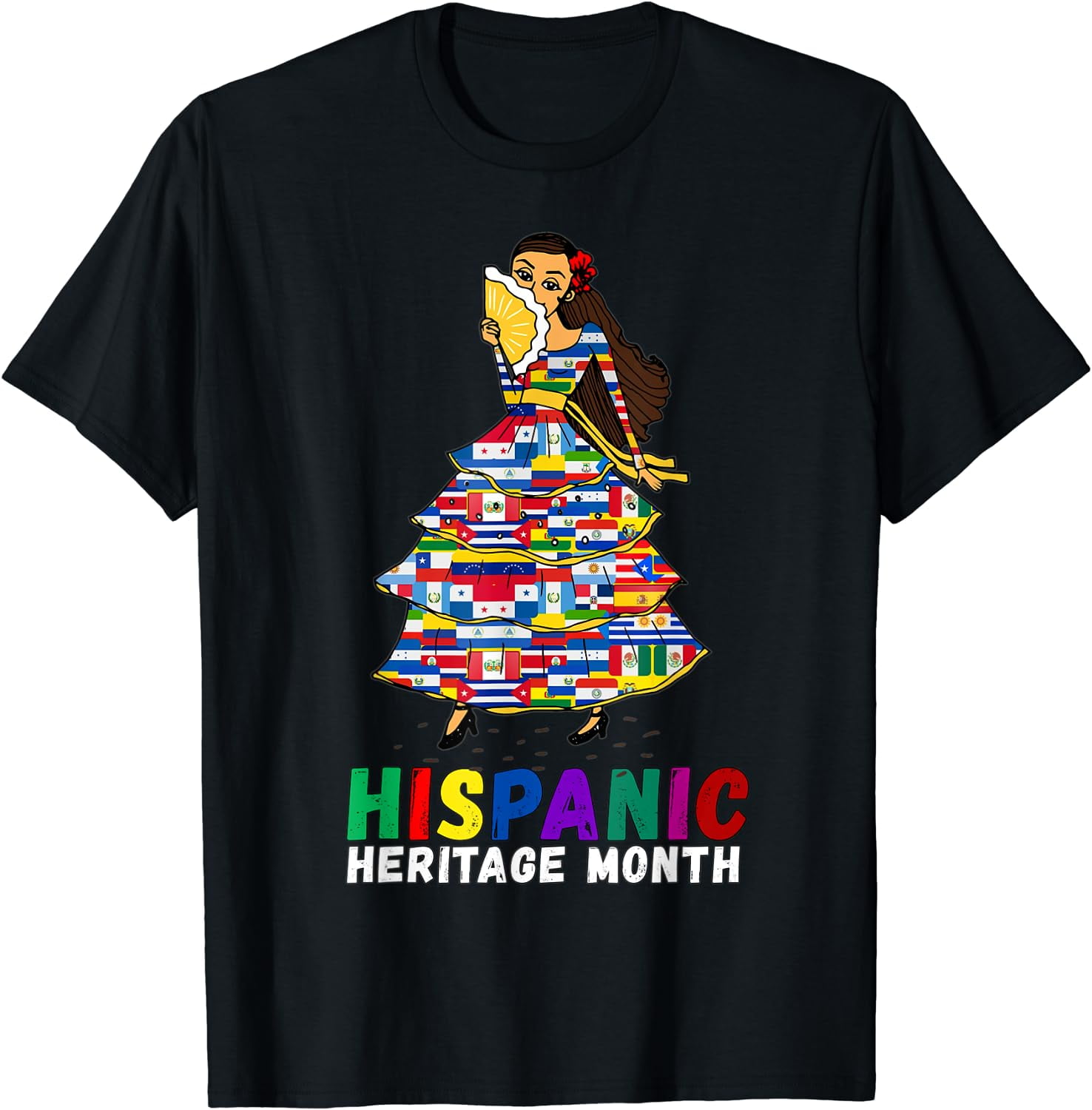 Hispanic Heritage Month Woman Latino Country Flags T-Shirt Black ...