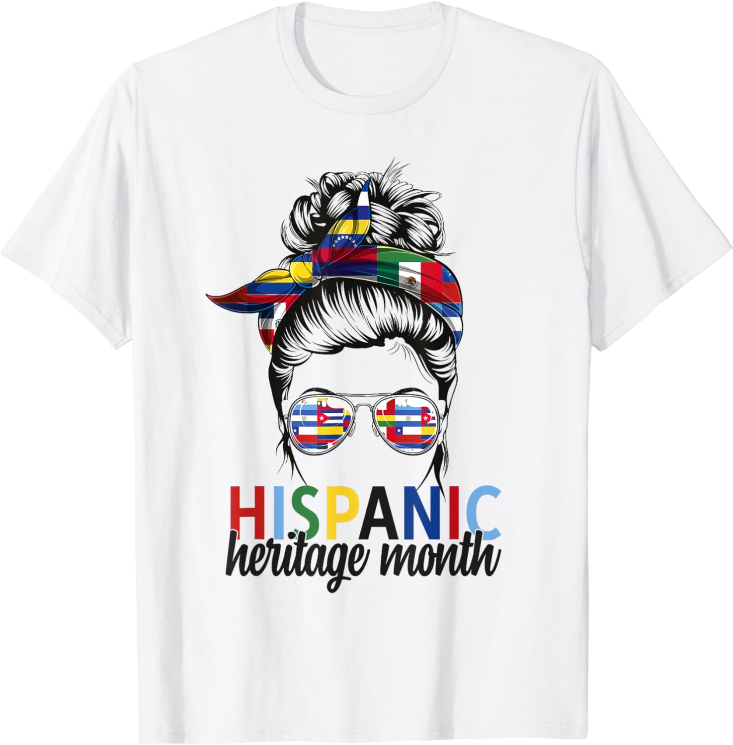 Hispanic Heritage Month all Countries Flags women messy bun T-Shirt ...