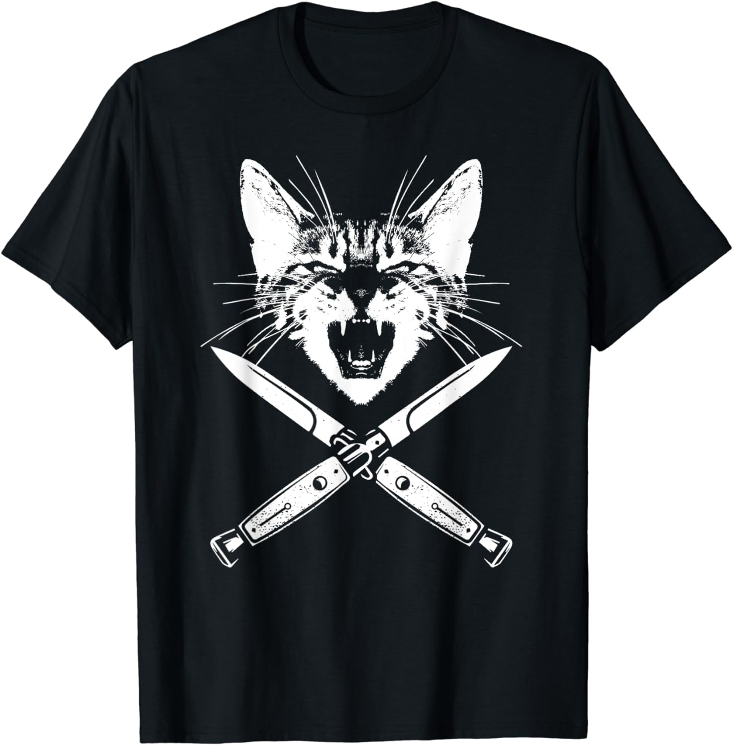 Hissing Cat with Crossed Switchblade Knives Kitten Claws T-Shirt ...