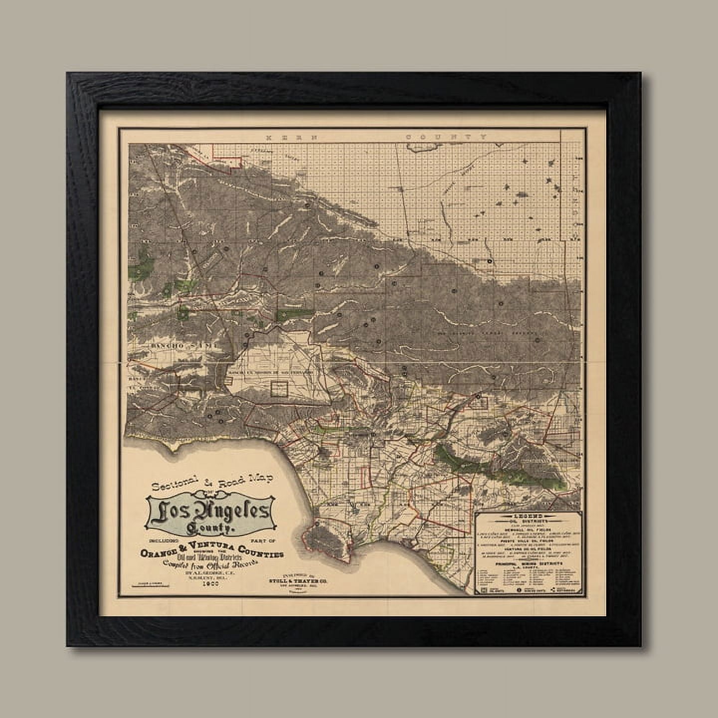Historic 1900 Los Angeles California Road Map; One 12x12in Black Framed ...