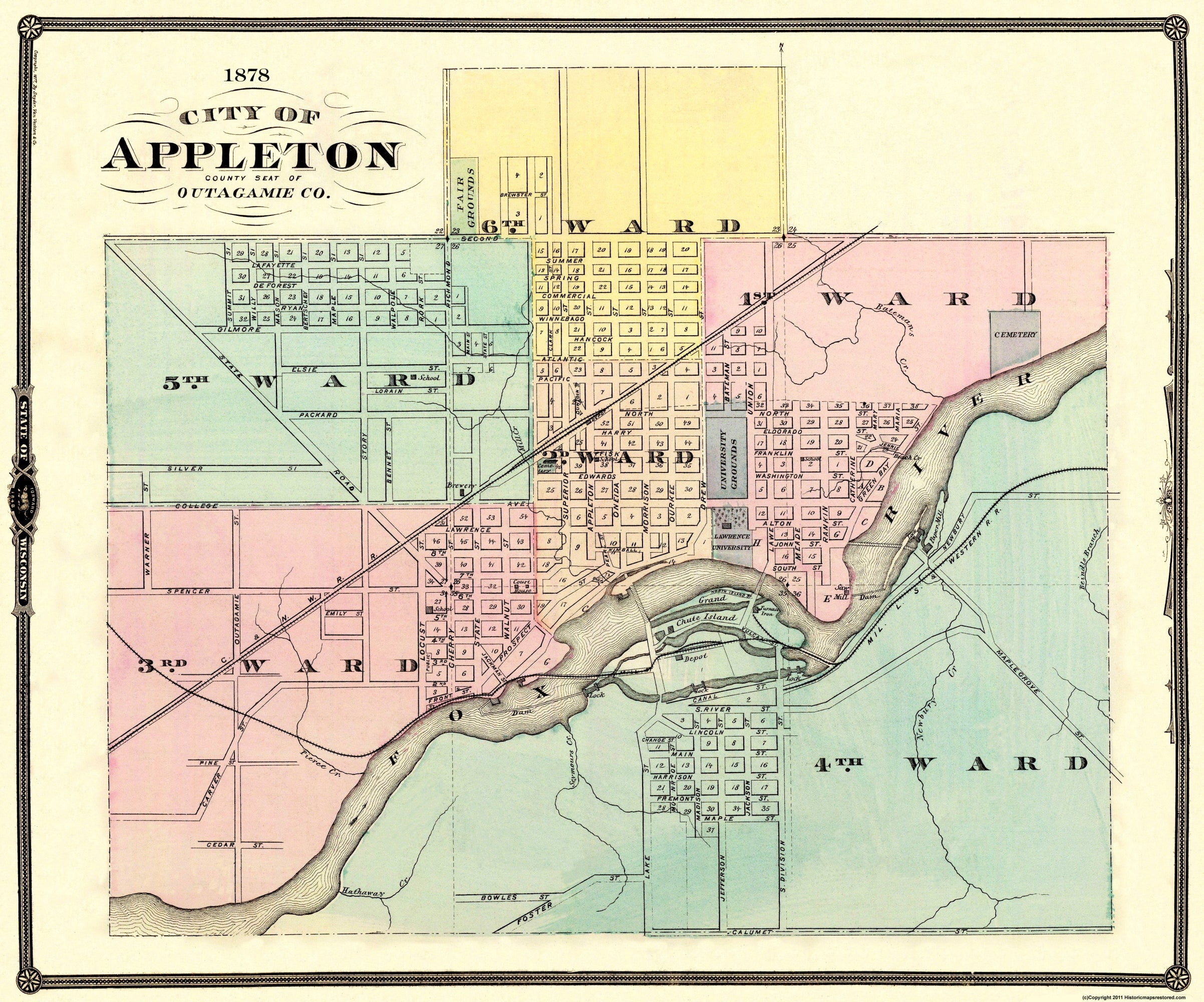 Historic City Map - Appleton Wisconsin - Snyder 1878 - 27.63 x 23 ...