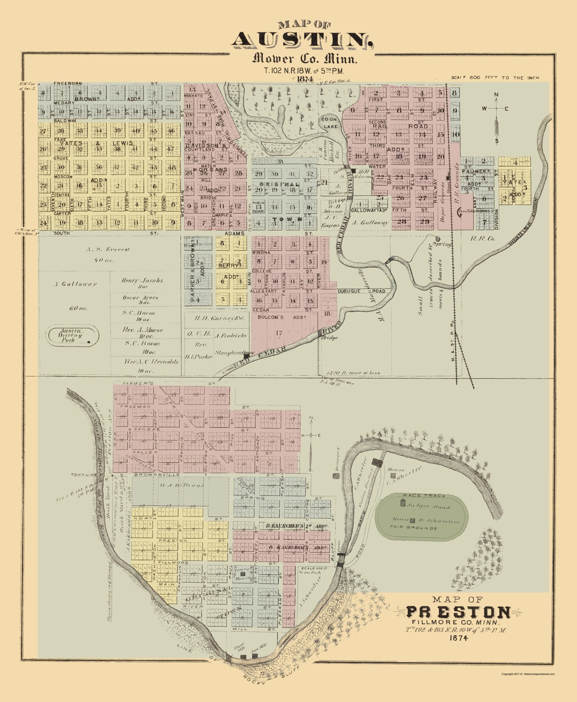 Historic City Map - Austin Preston Minnesota - Andreas 1874 - 23 x 27. ...