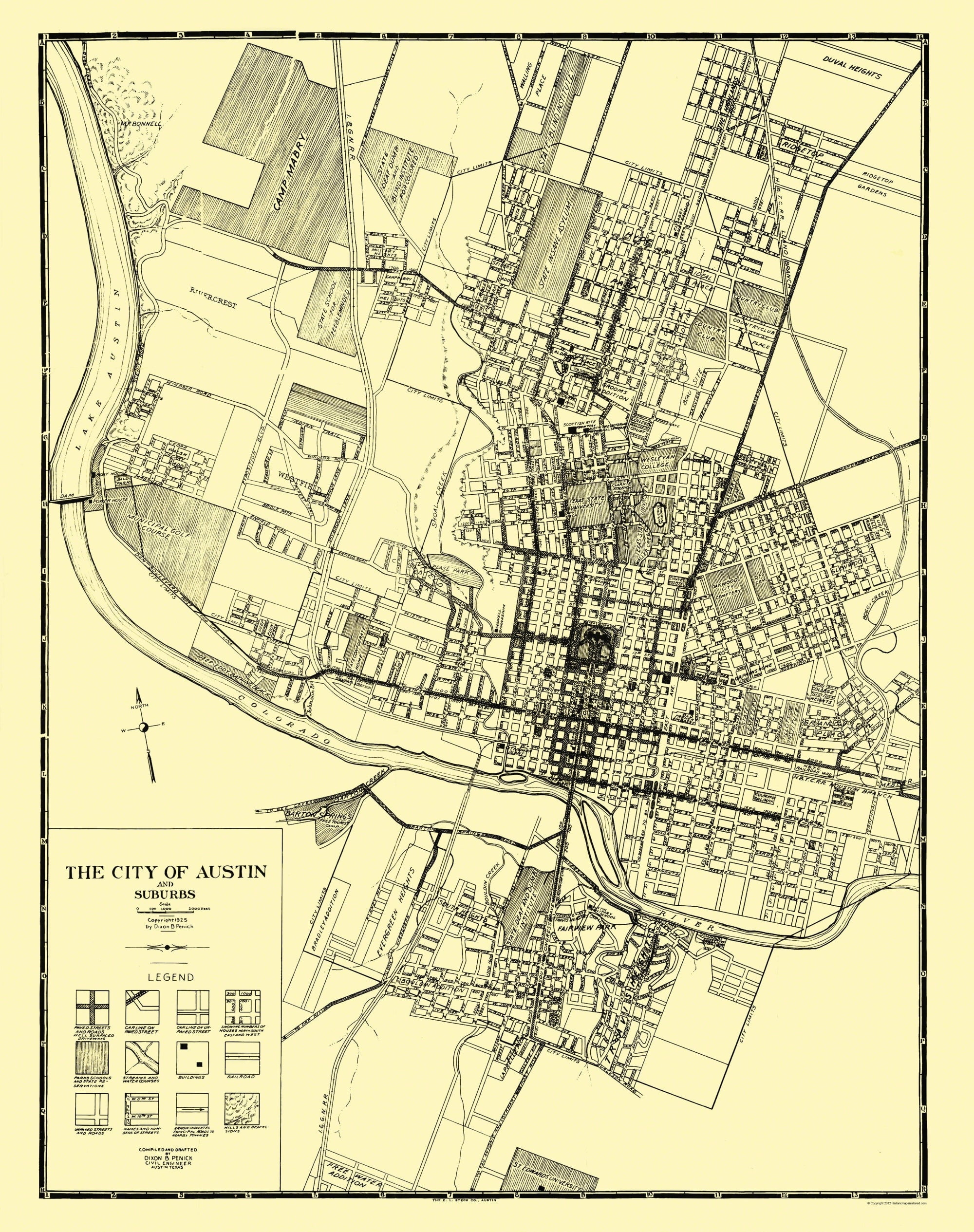 Historic City Map - Austin Suburbs Texas - Penick 1925 - Vintage Wall ...