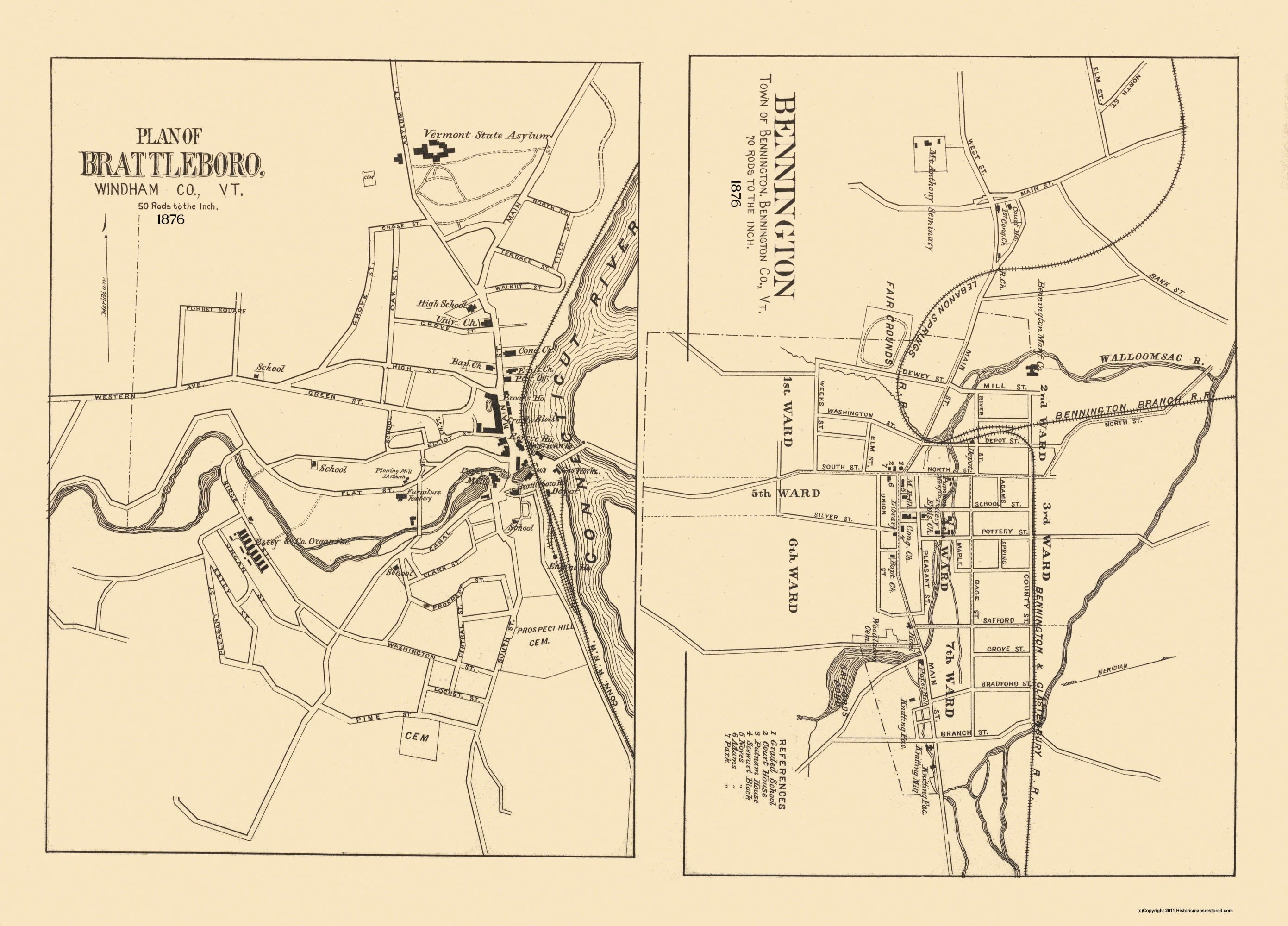 Historic City Map - Bennington Brattleboro Vermont - Beers 1876 ...