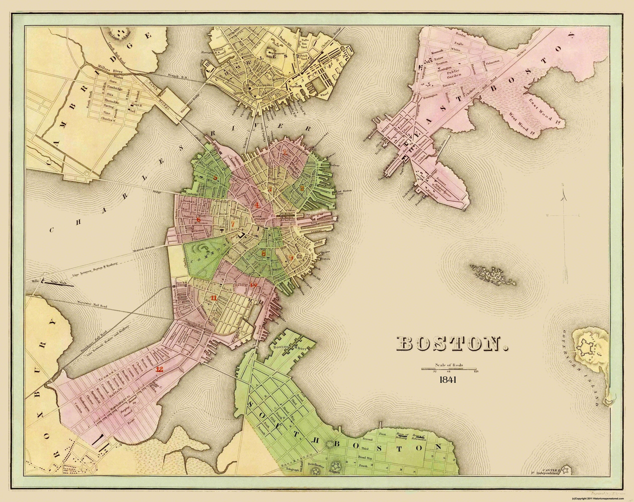 Historic City Map - Boston Massachusetts - Castle 1841 - 29.06 x 23 ...