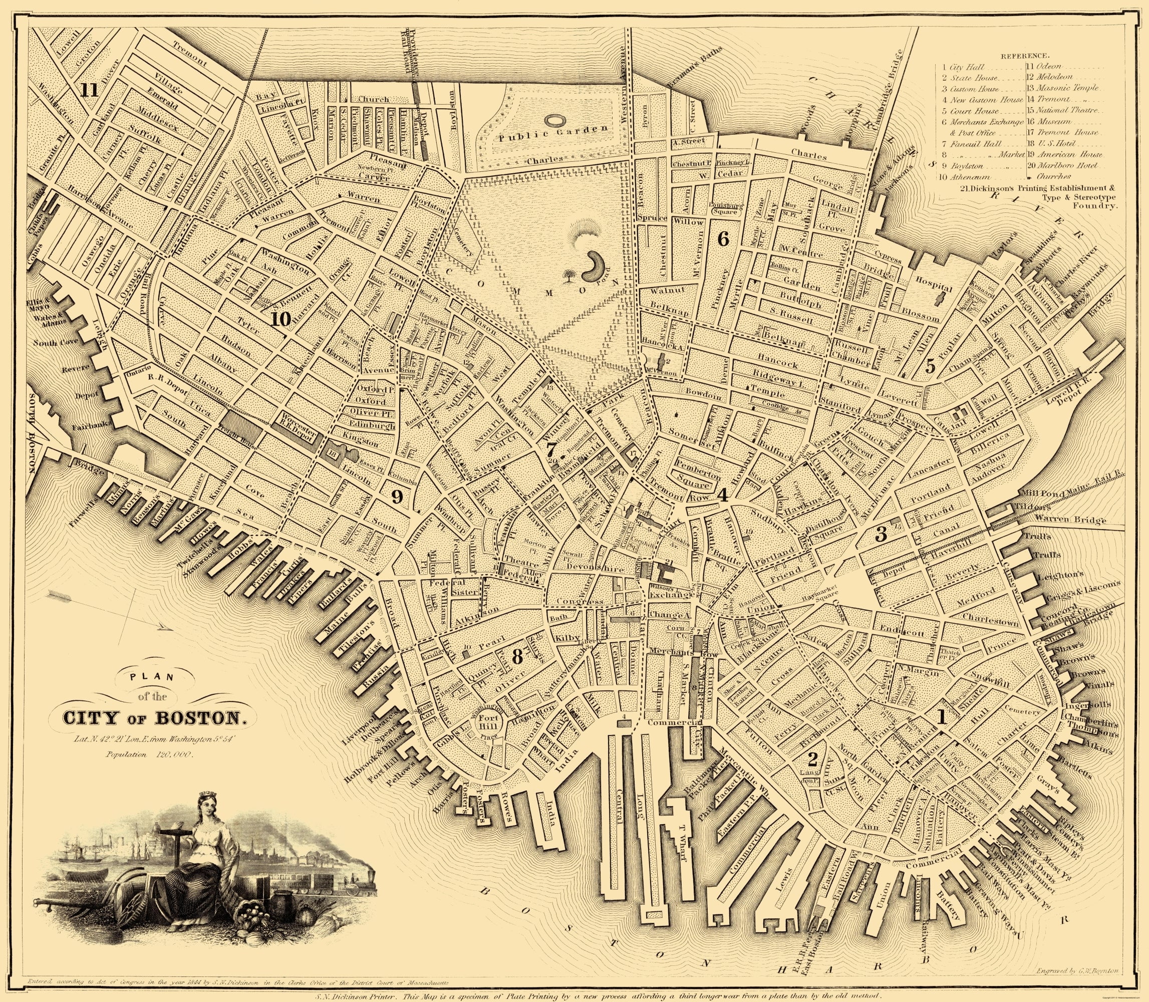 Historic City Map - Boston Massachusetts - Dickinson 1844 - 23 x 26.38 ...