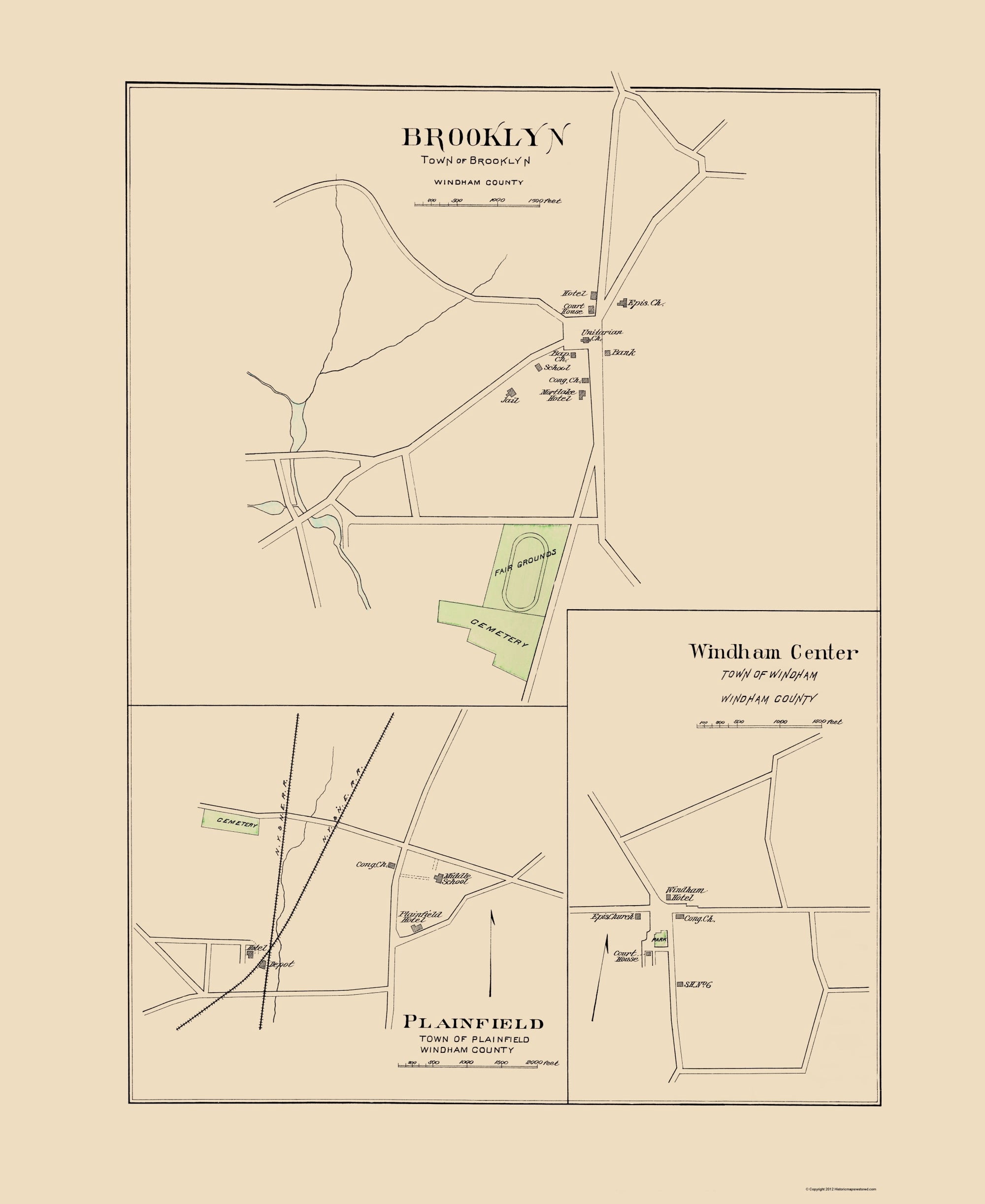 Historic City Map - Brooklyn Connecticut - Hurd 1893 - 23 x 28.11 ...