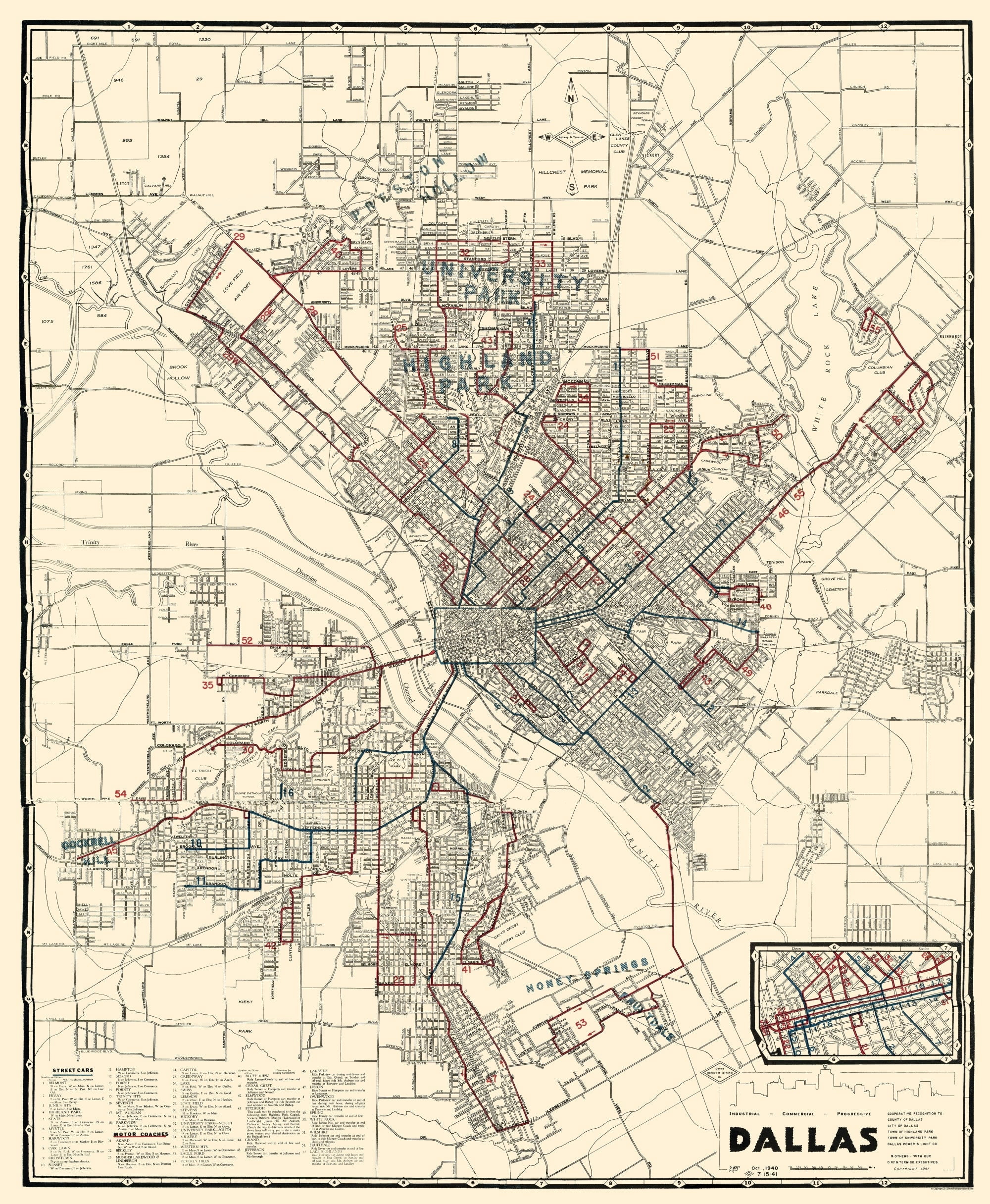 Historic City Map - Dallas Texas Street Cars - 1941 - Vintage Wall Art ...