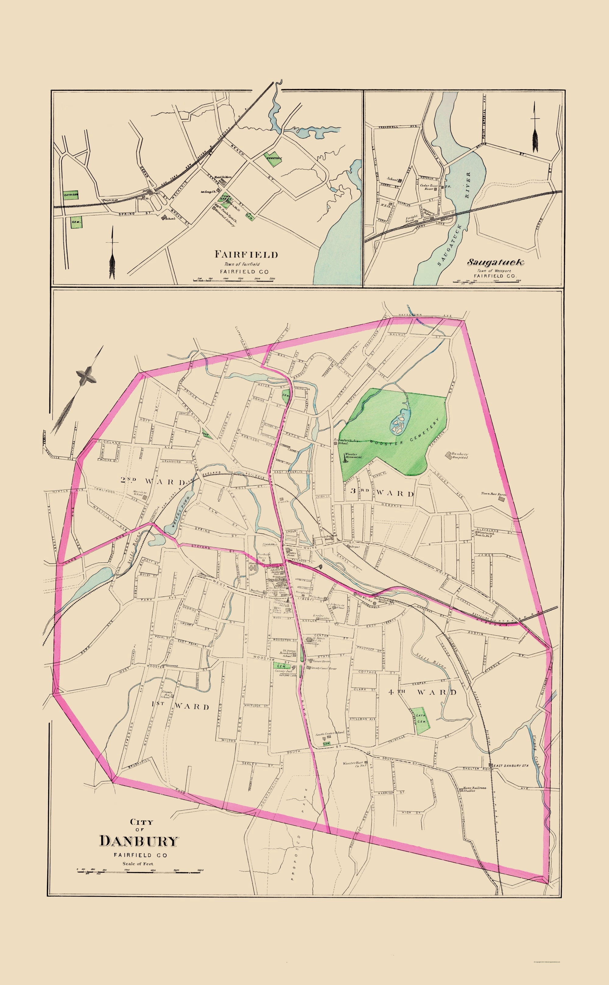 Historic City Map - Danbury Fairfield Saugatuck Connecticut - Hurd 1893 ...