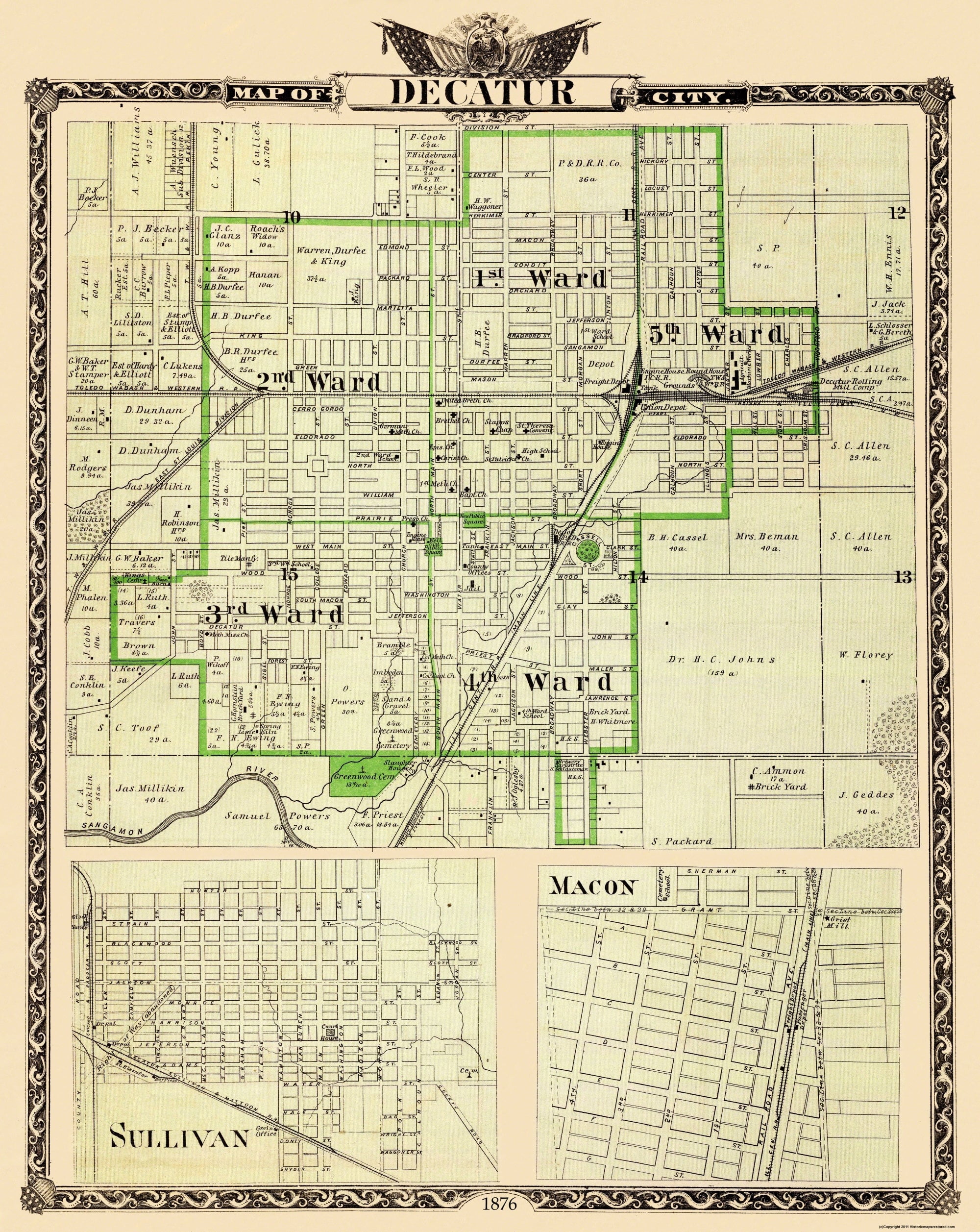 Historic City Map - Decatur Sullivan Illinois - Warner 1876 - 23 x 28. ...