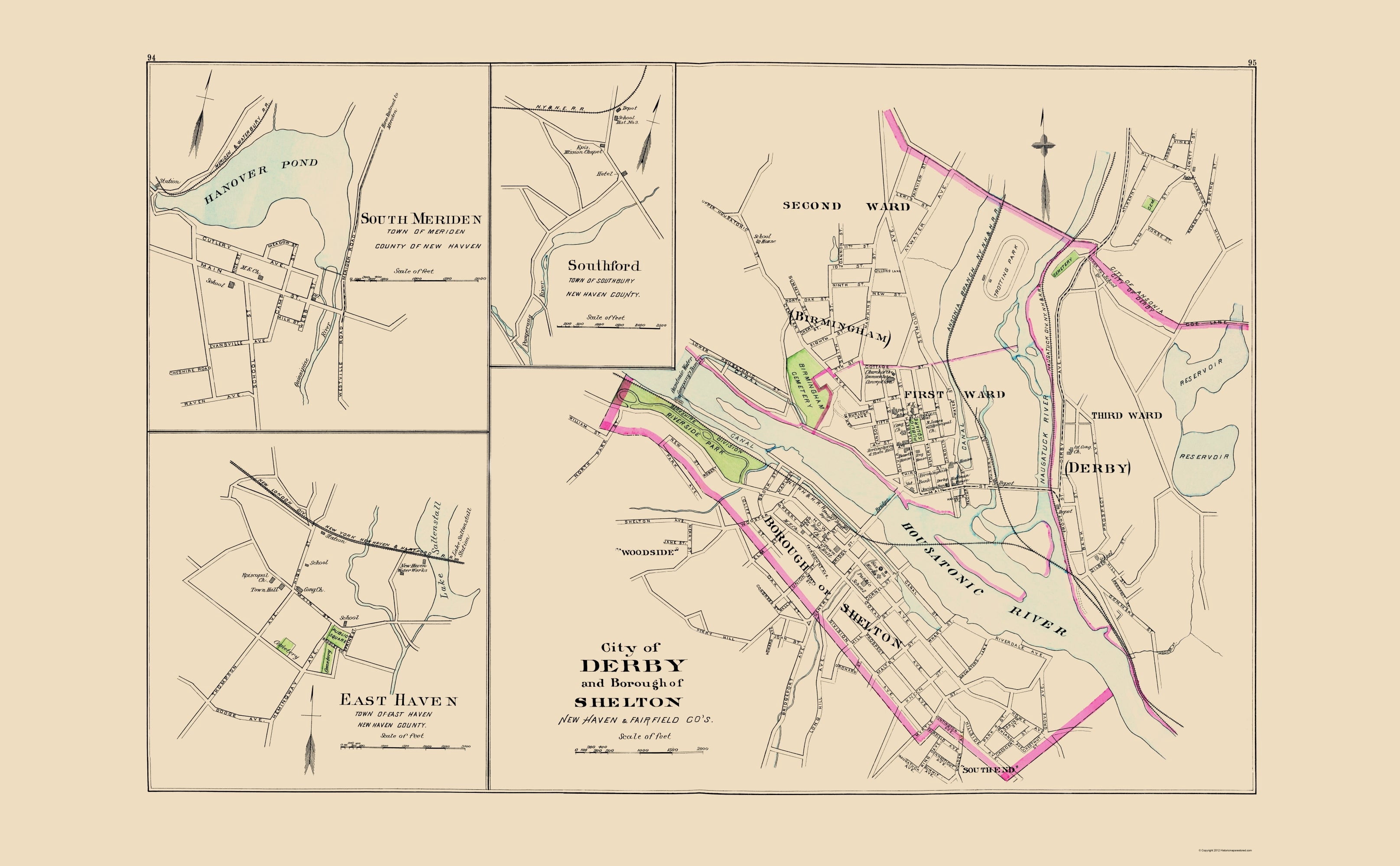 Historic City Map - Derby City Shelton Connecticut - Hurd 1893 - 23 x ...
