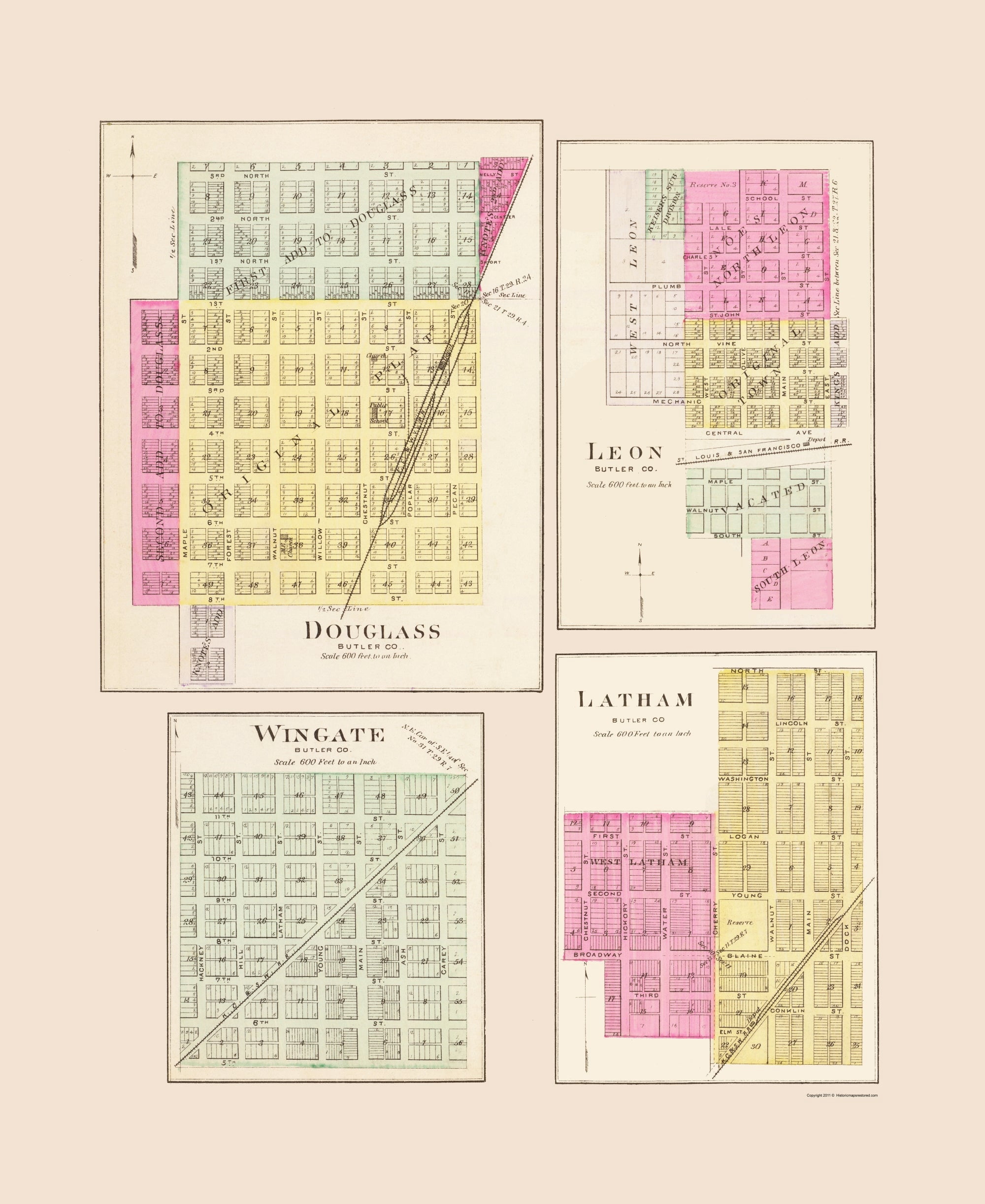 Historic City Map - Douglass Leon Latham Wingate Kansas - Everts 1887 ...