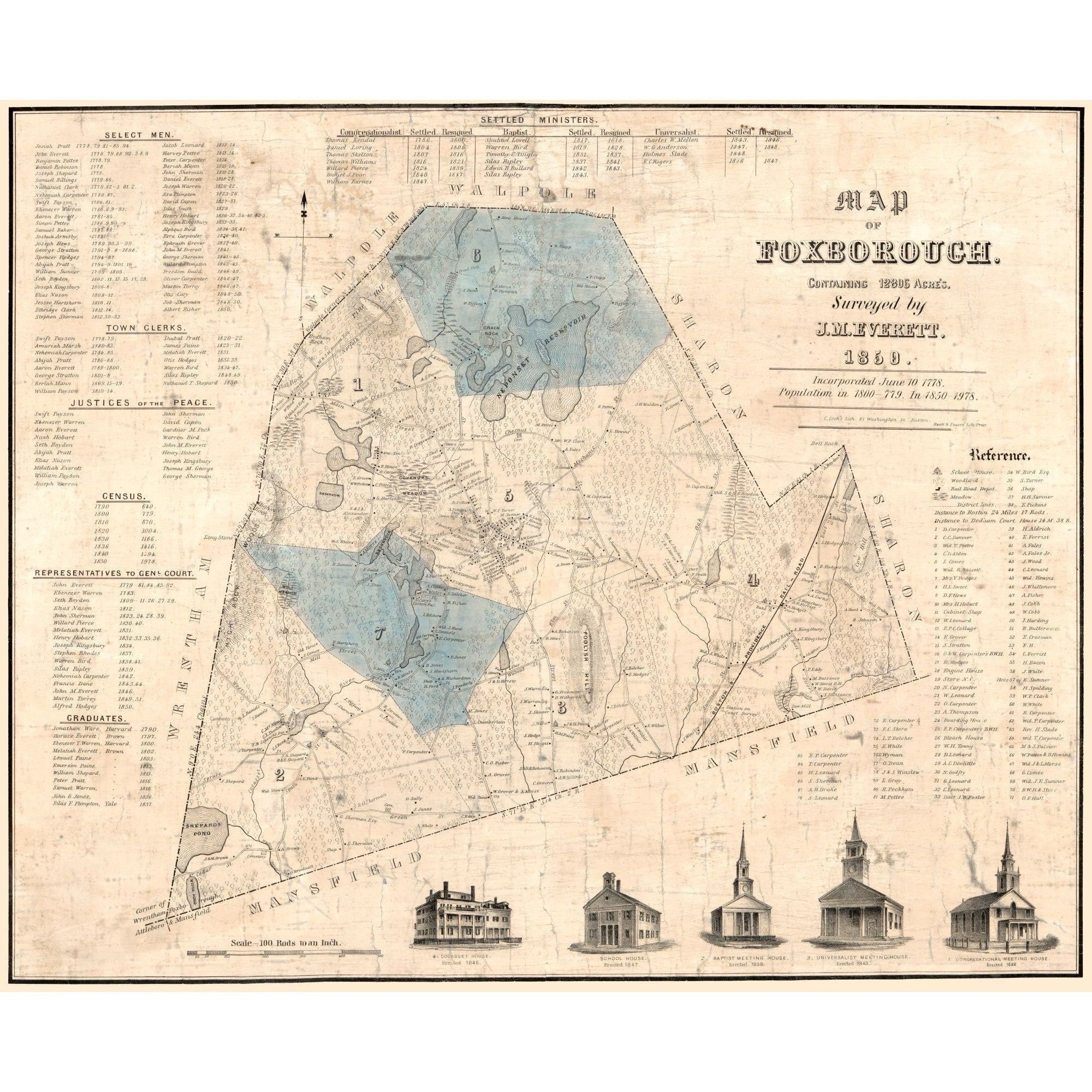 Historic City Map - Foxboro Massachusetts - Everett 1850 - Vintage Wall ...