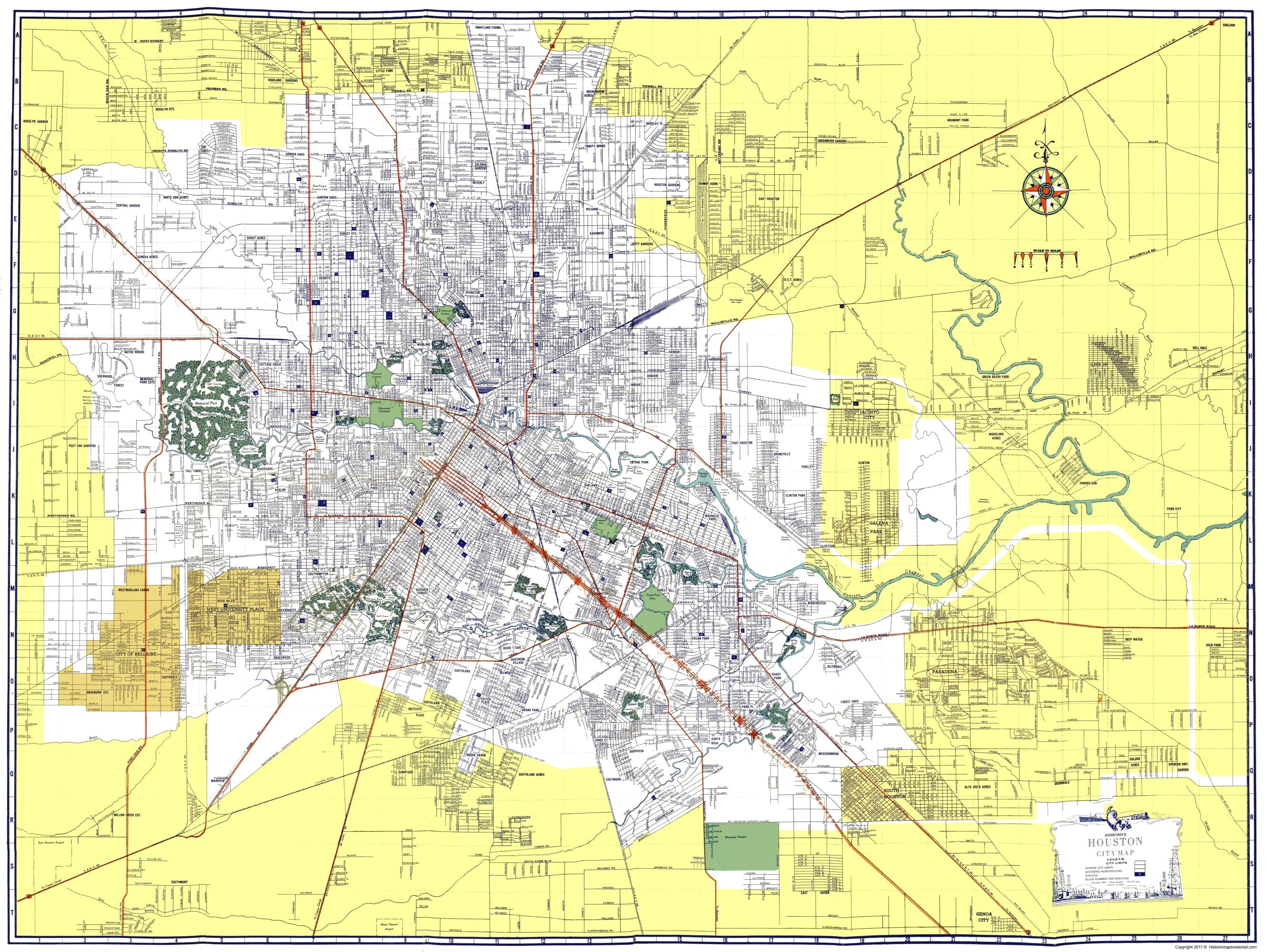 Historic City Map - Houston Texas - Ashburn 1950 - Vintage Wall Art ...