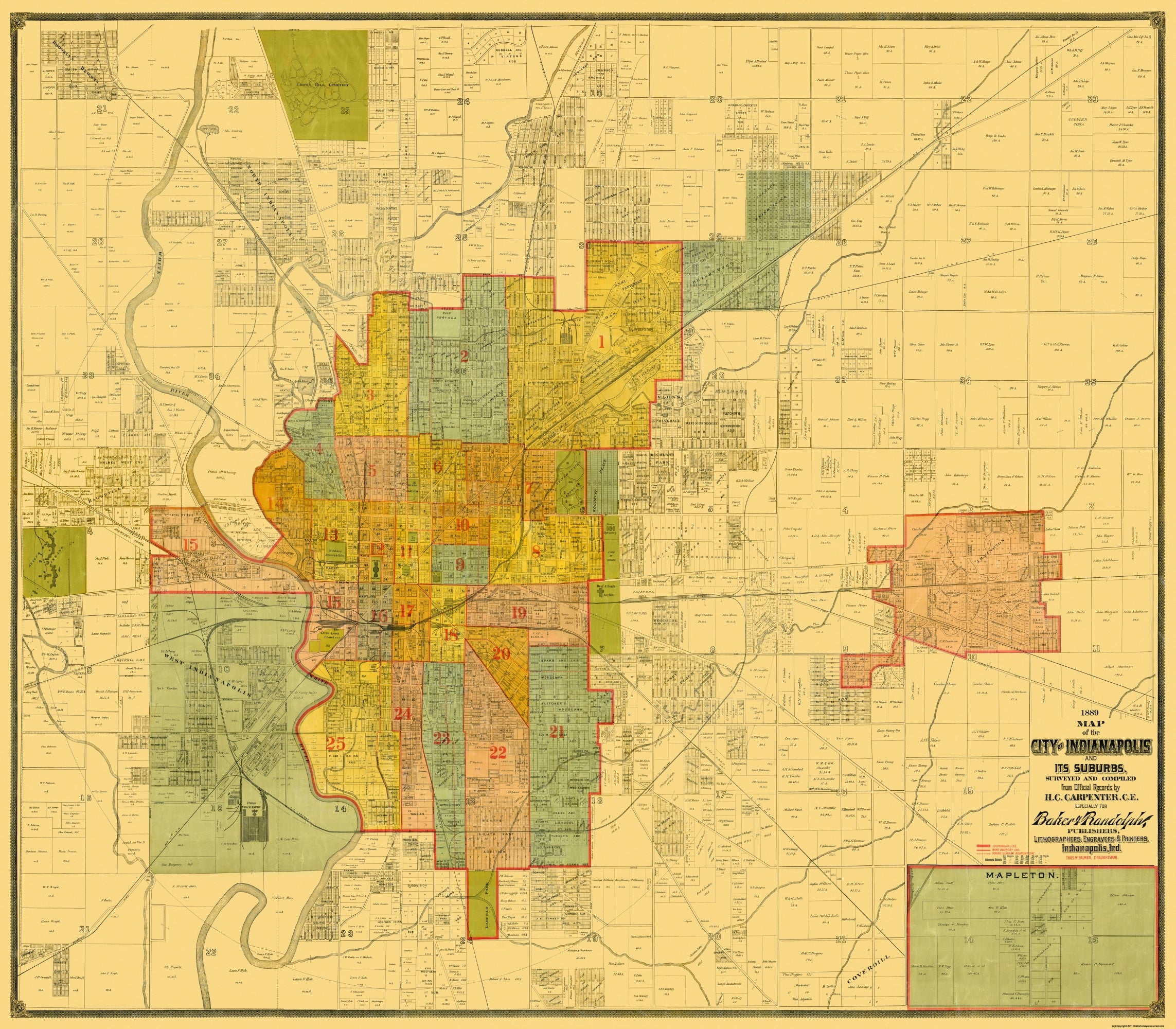 Historic City Map - Indianapolis Indiana - Baker 1889 - 26.31 x 23 ...