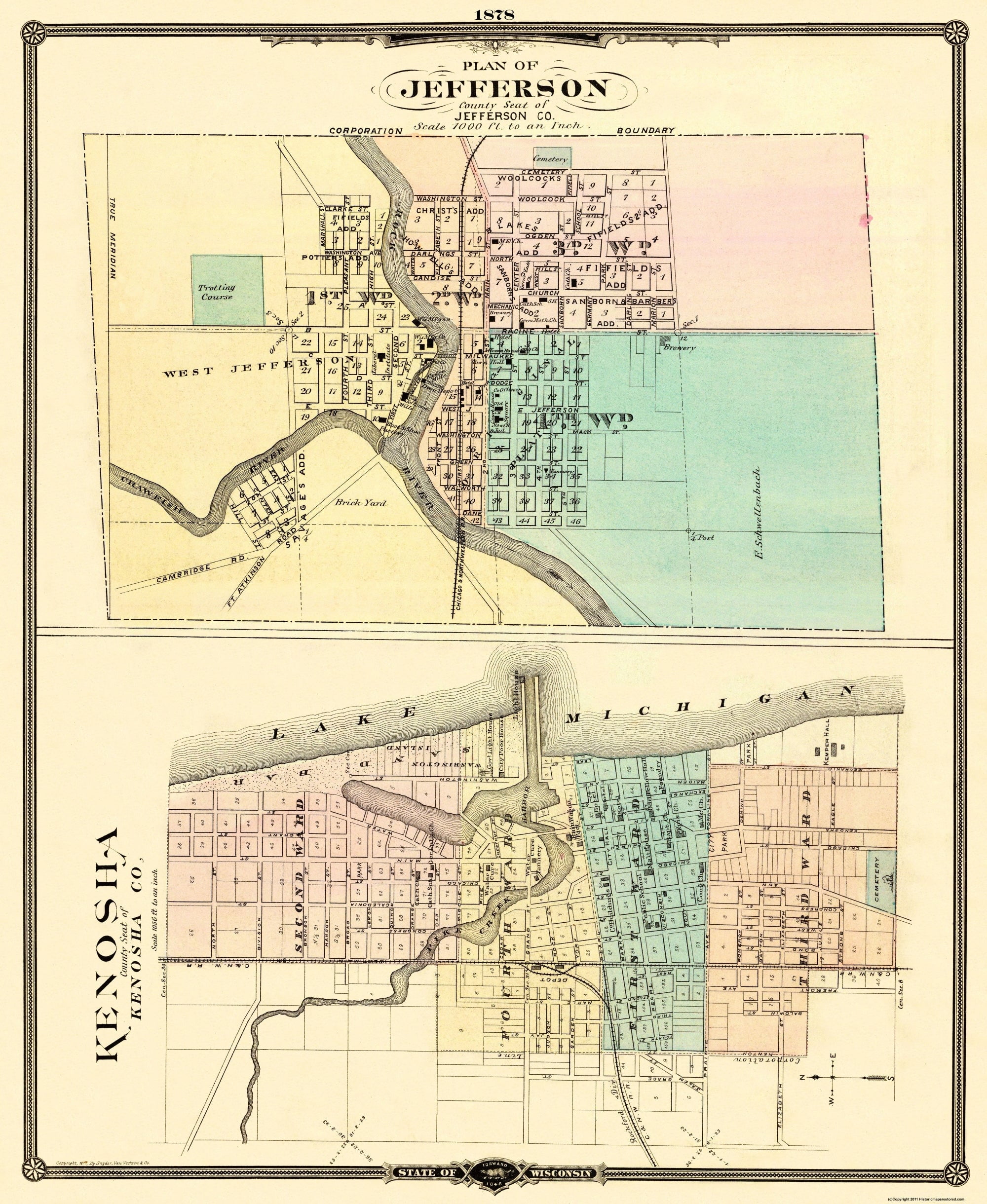 Historic City Map - Kenosha Jefferson Wisconsin - Snyder 1878 - 23 x 28 ...