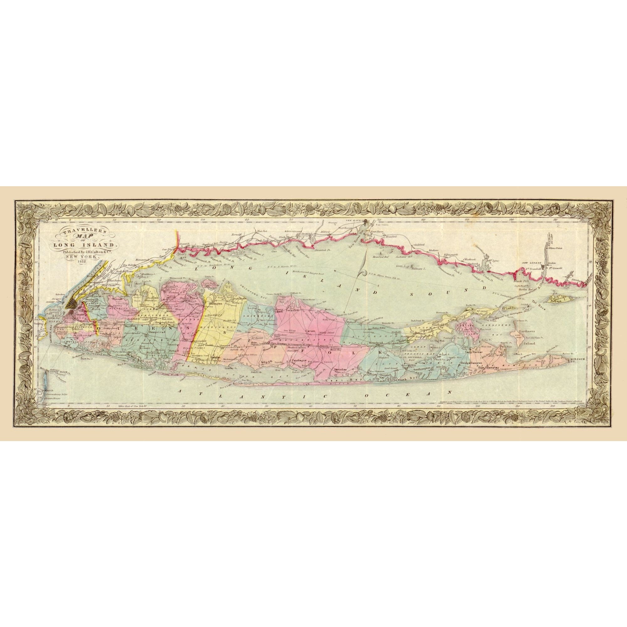 Historic City Map - Long Island New York - Colton 1857 - 56.59 x 23 ...