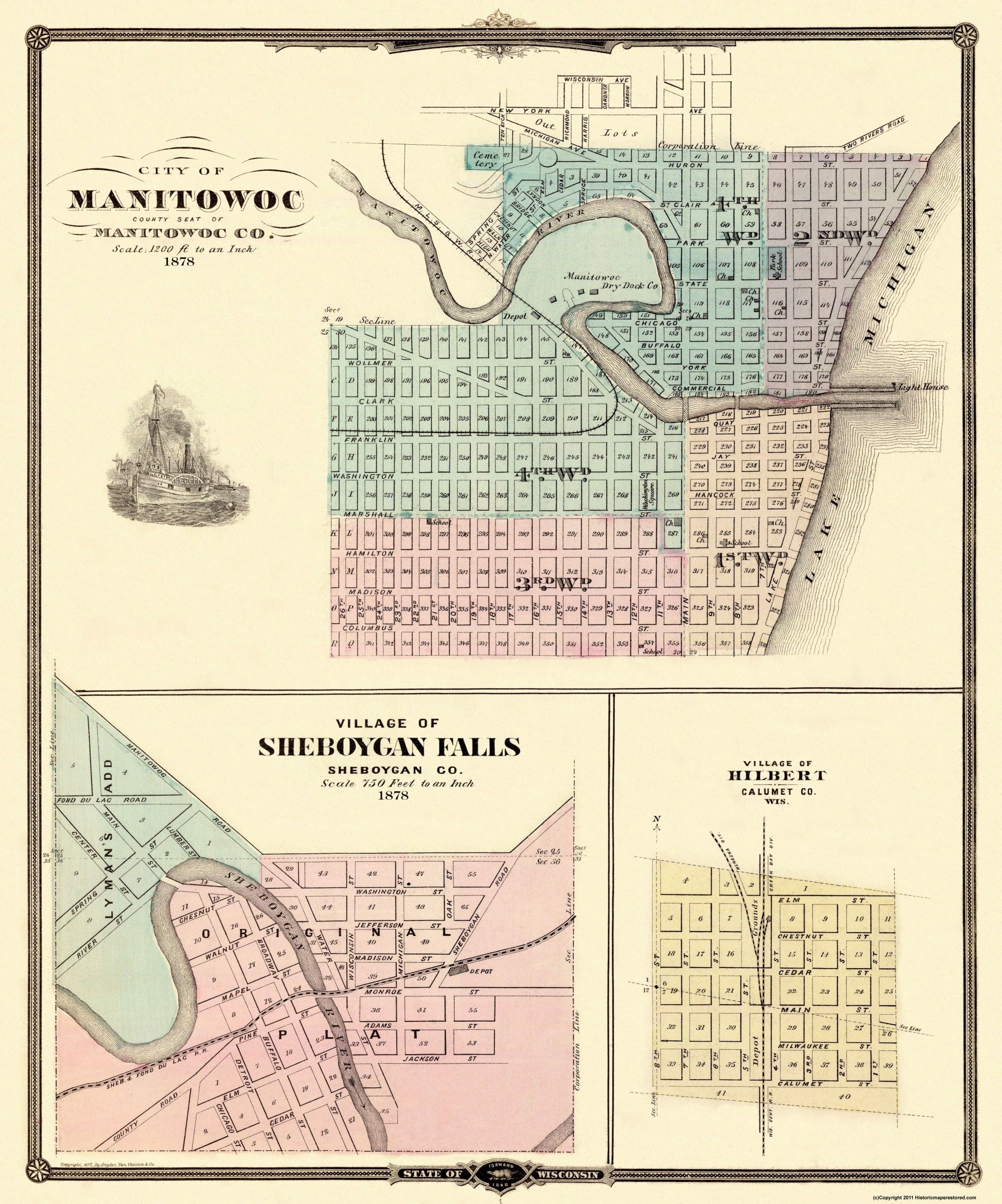 Historic City Map - Manitowoc Sheboygan Falls Wisconsin - Snyder 1878 ...