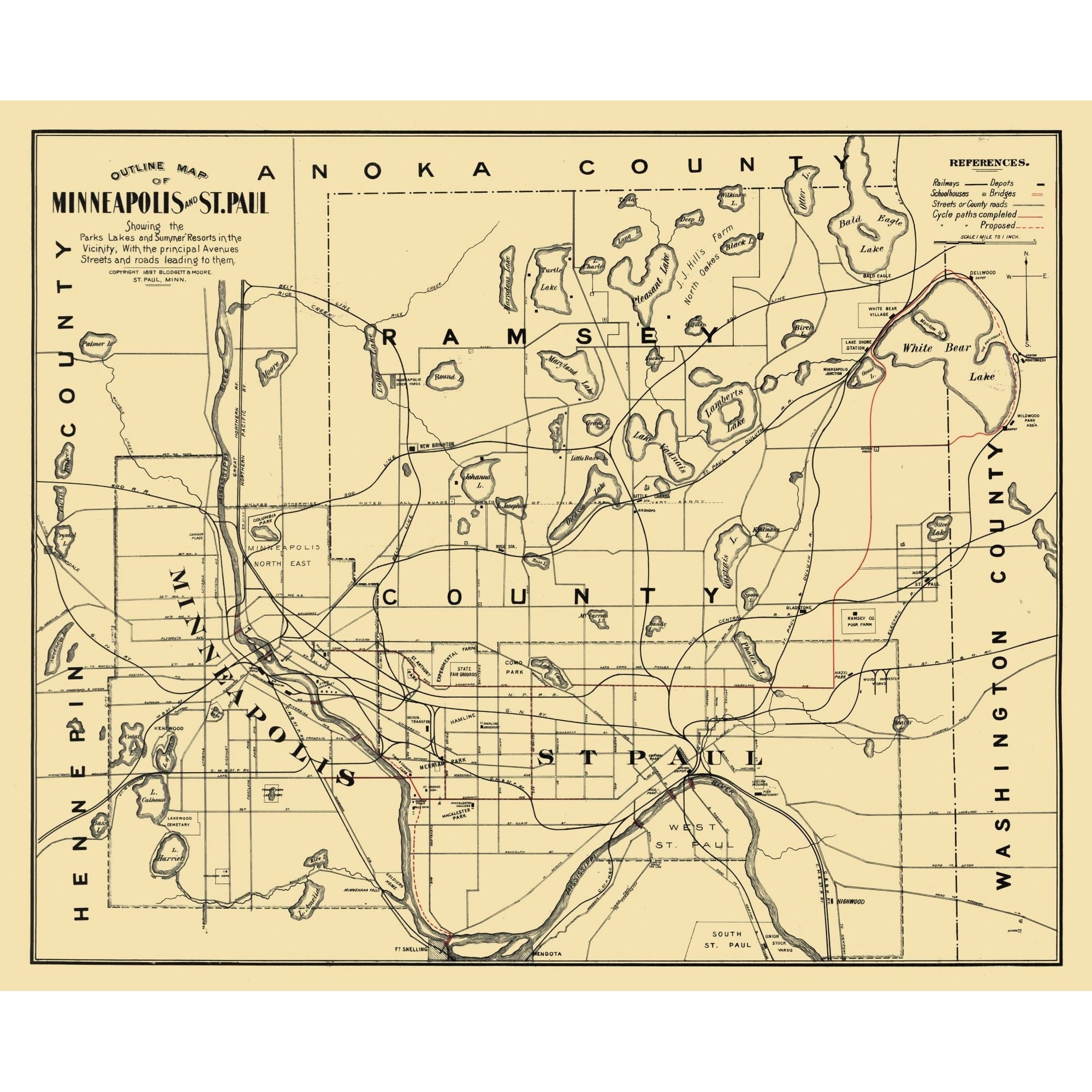 Historic City Map - Minneapolis St Paul Minnesota - Blodgett 1897 ...