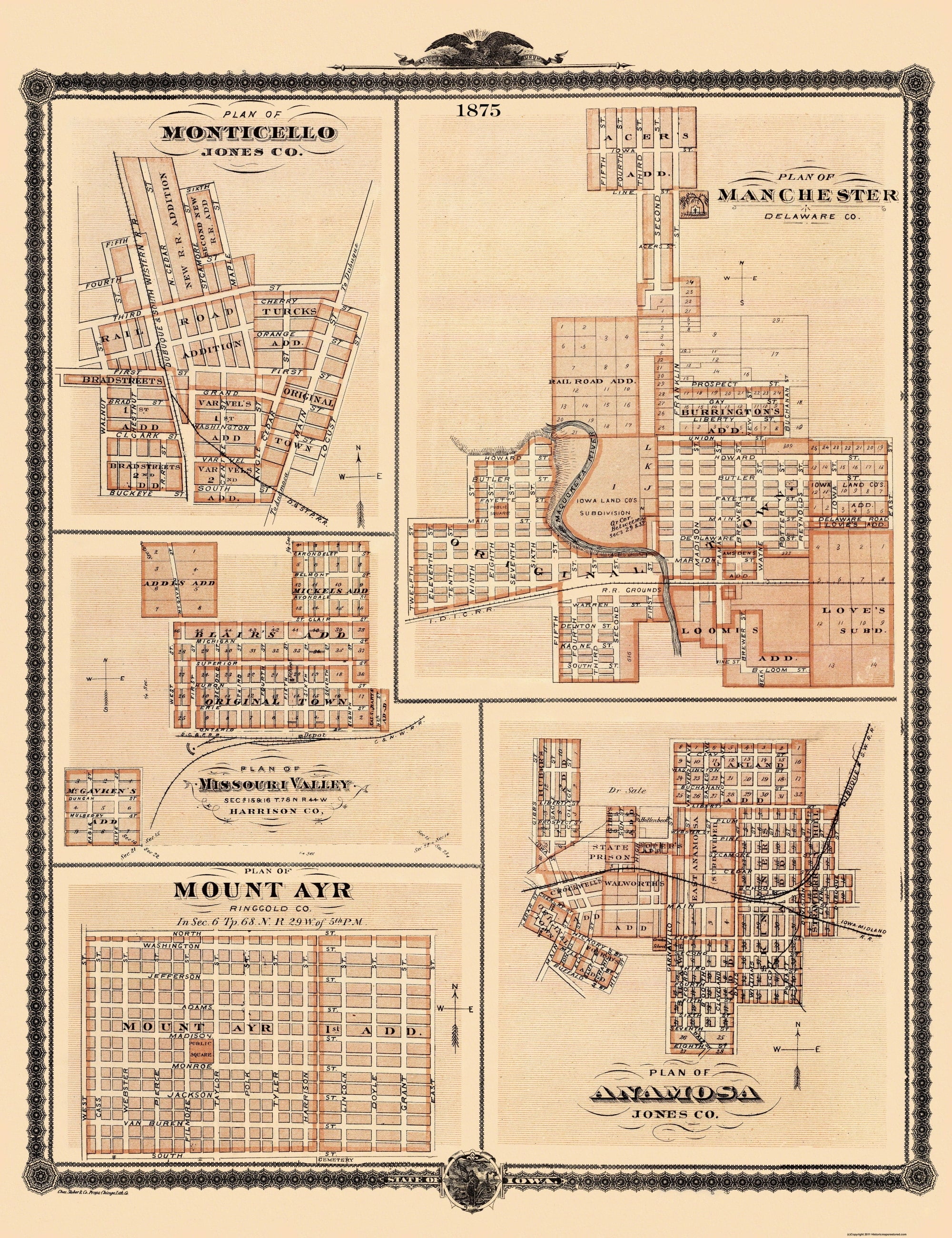 Historic City Map - Monticello Mount Ayre Anamosa Iowa - Shober 1875 ...