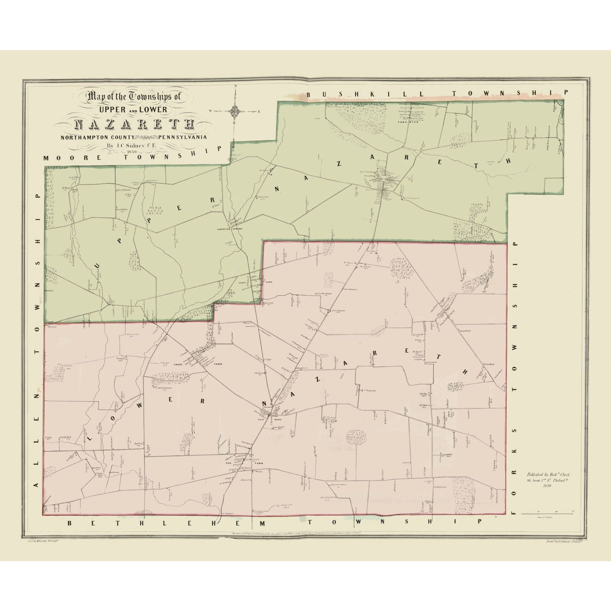 Historic City Map - Nazareth Pennsylvania - Sidney 1850 - 27.50 x 23 ...