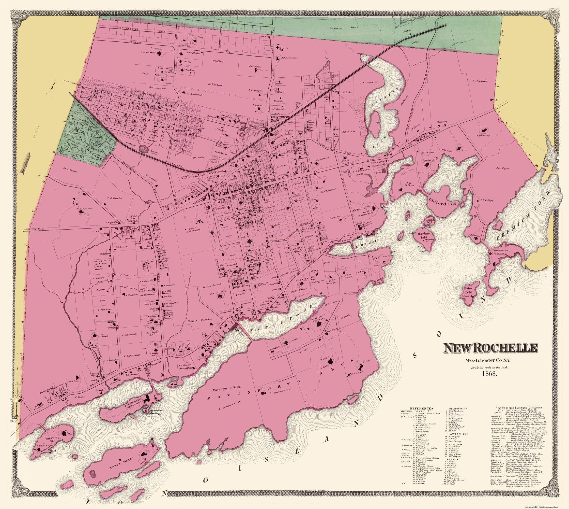 Historic City Map - New Rochelle New York - Beers 1868 - 25.75 x 23 ...