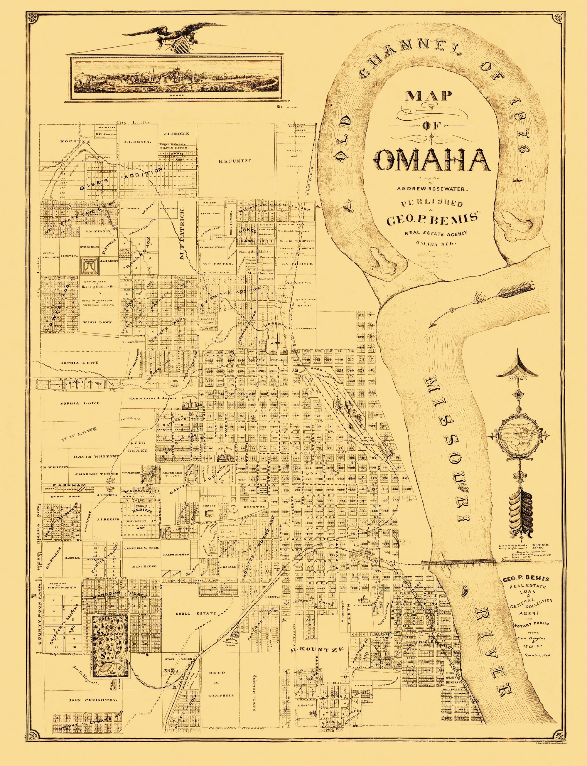 Historic City Map - Omaha Nebraska - Bemis 1876 - 23 x 30 - Vintage ...