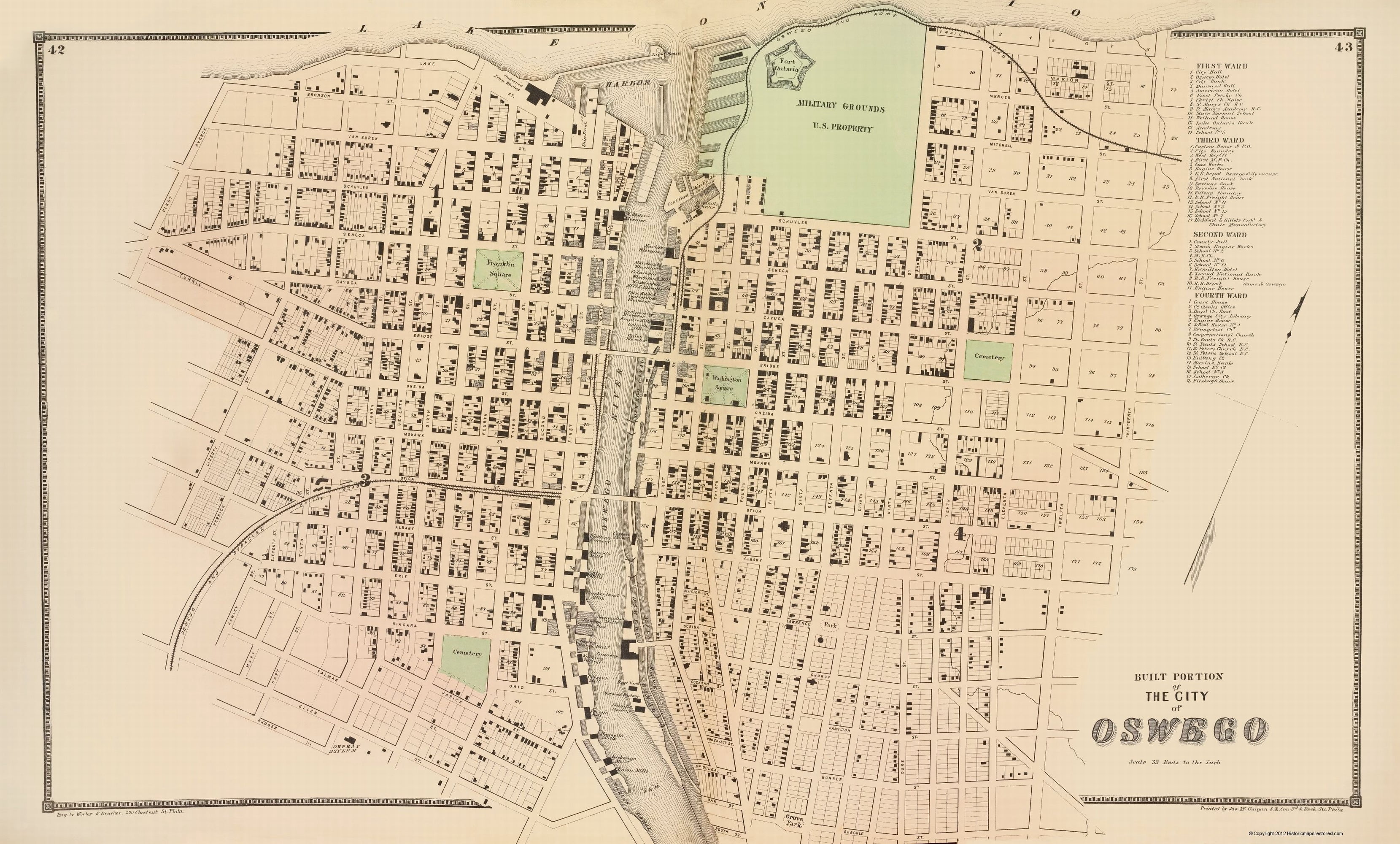 Old City Map - Oswego NY - Stone 1866 - Quality Print - 23x38 inches ...
