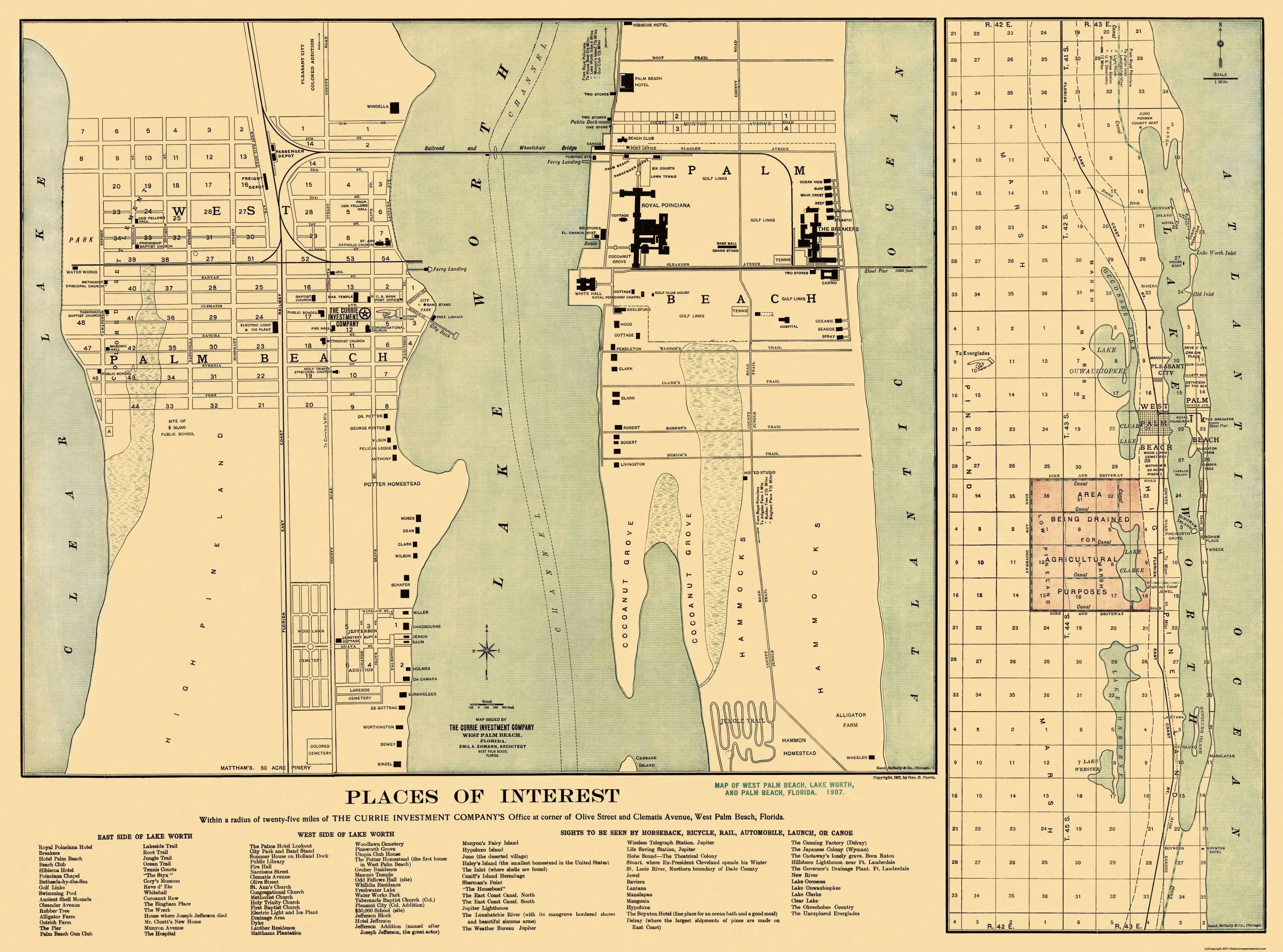 Historic City Map - Palm Beach Florida - Currie 1907 - 31 x 23 ...