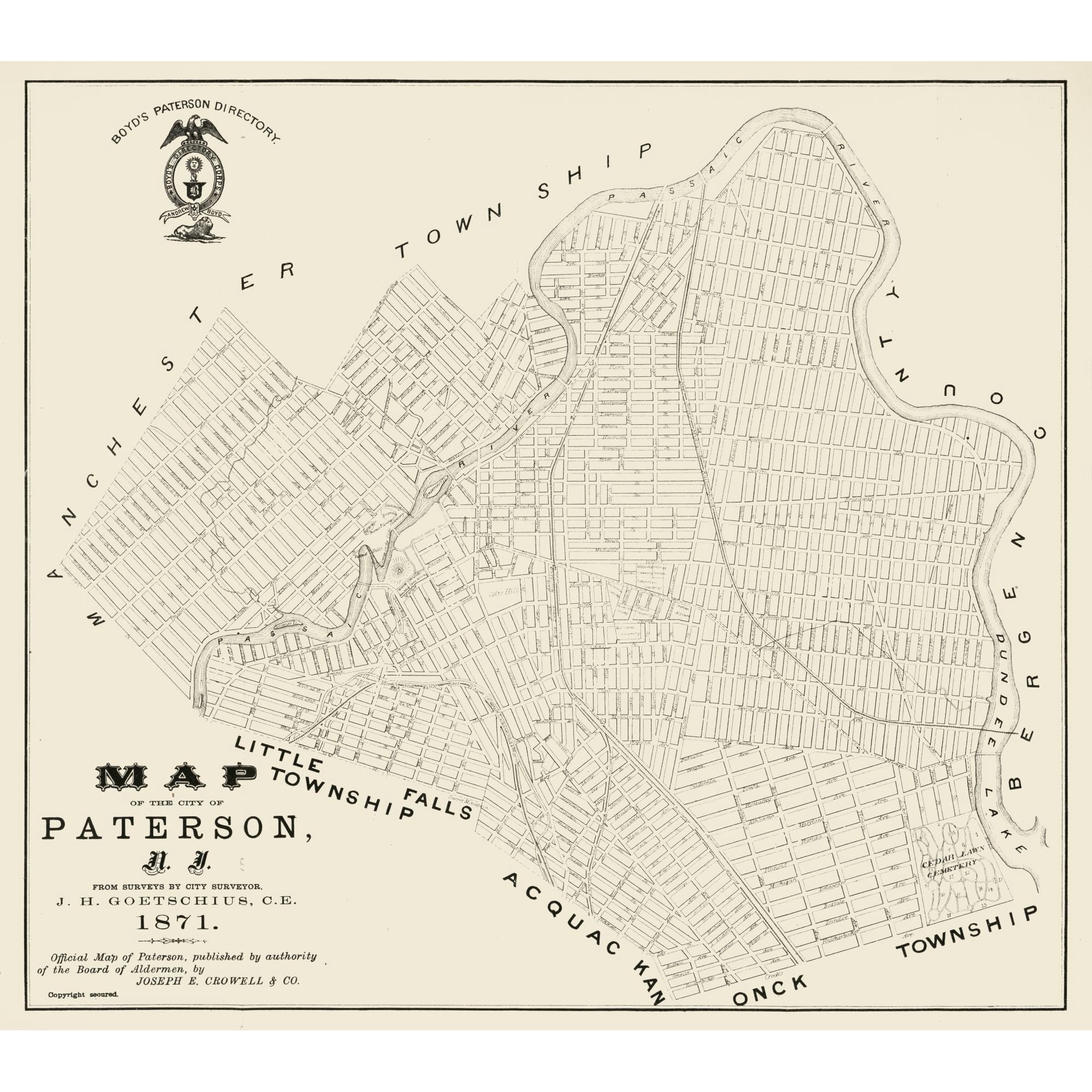 Historic City Map - Paterson New Jersey - Crowell 1871 - Vintage Wall ...