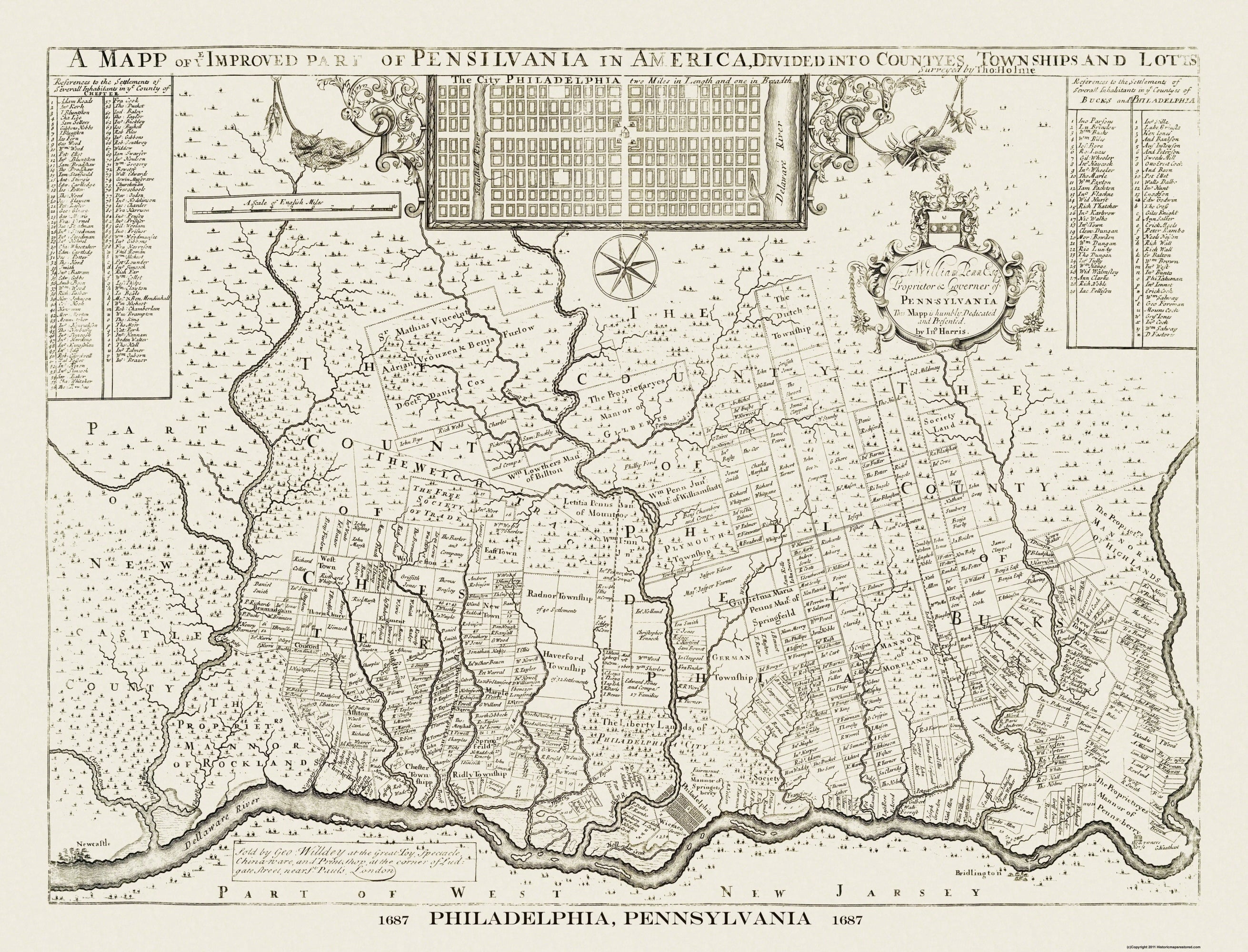 Historic City Map - Philadelphia Pennsylvania - Holme 1687 - 30.13 x 23 ...