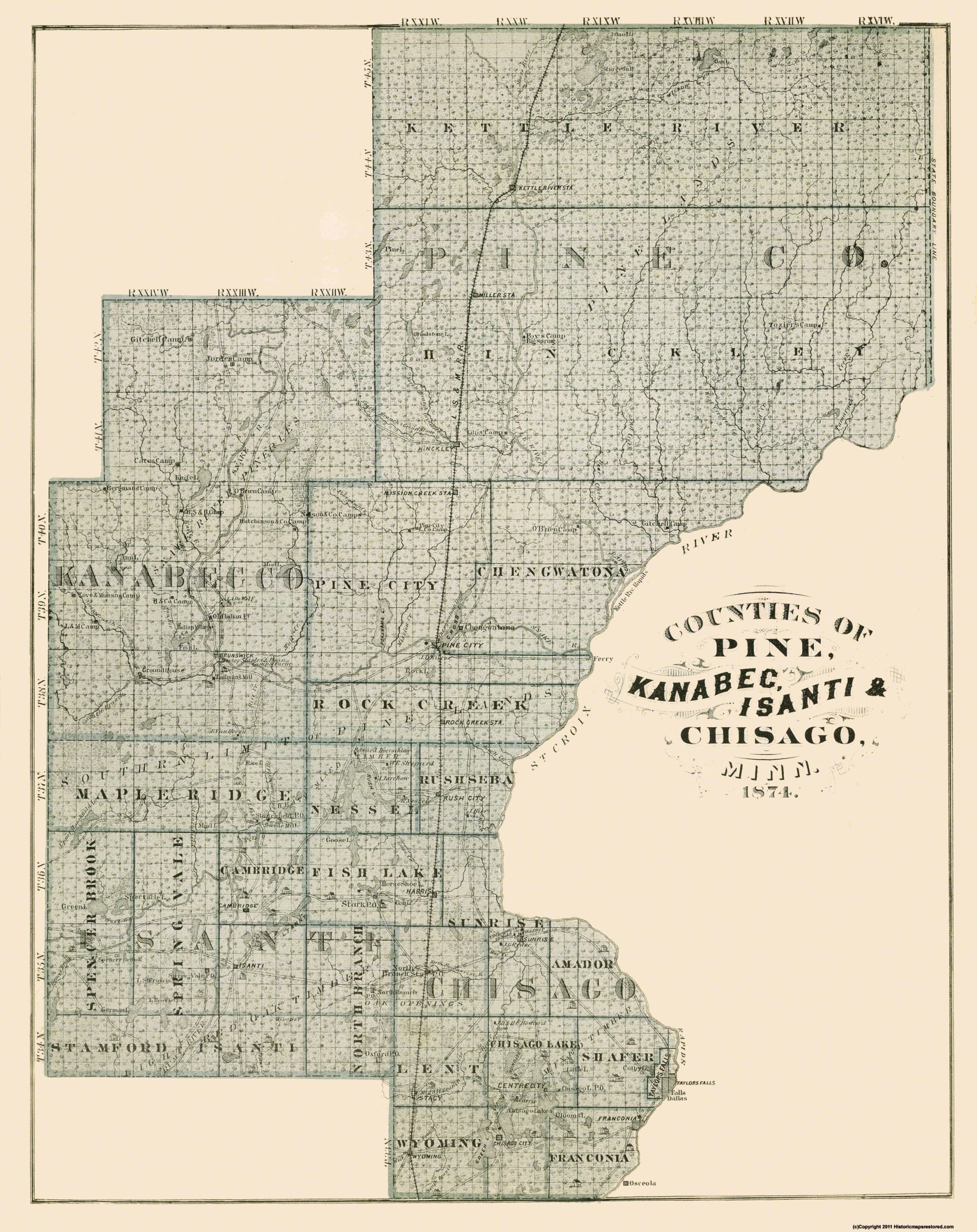 Historic City Map - Pine Kanabec Isanti Minnesota - Andreas 1874 - 23 x 29 - Vintage Wall Art ...