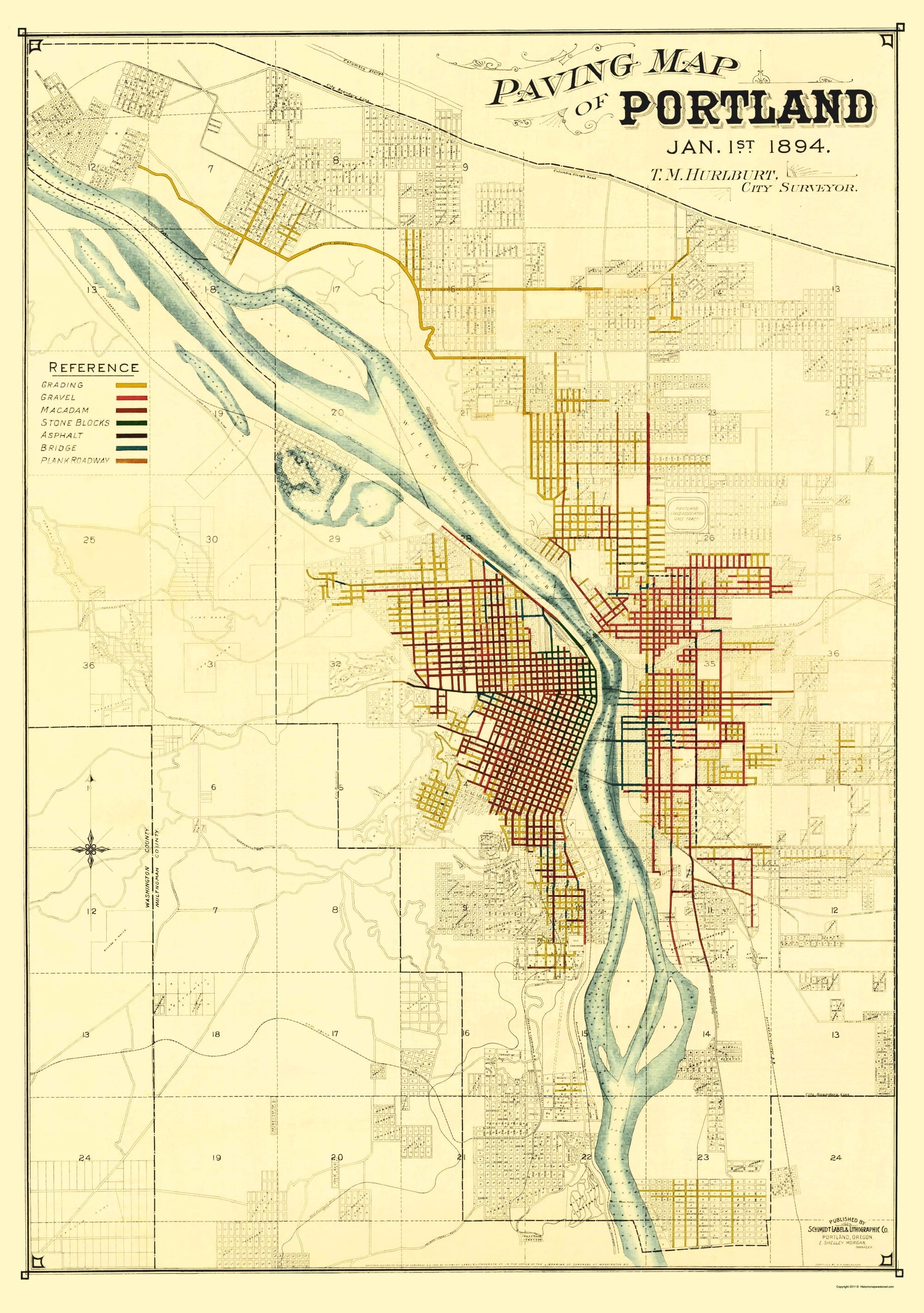 Historic City Map - Portland Oregon Paving - Schmidt 1894 - Vintage ...