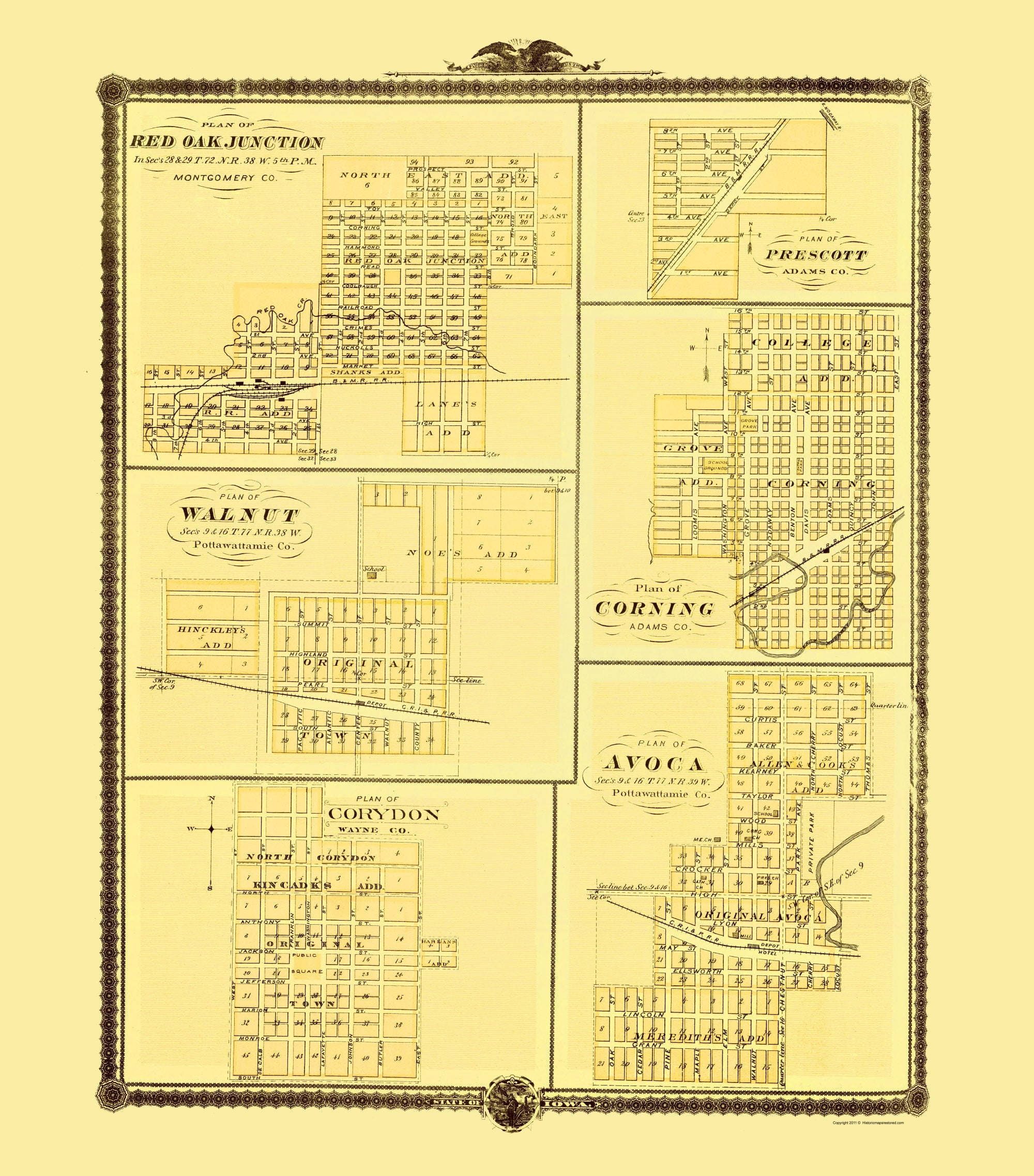 Historic City Map - Red Oak Junction Prescott Walnut Corning Iowa ...