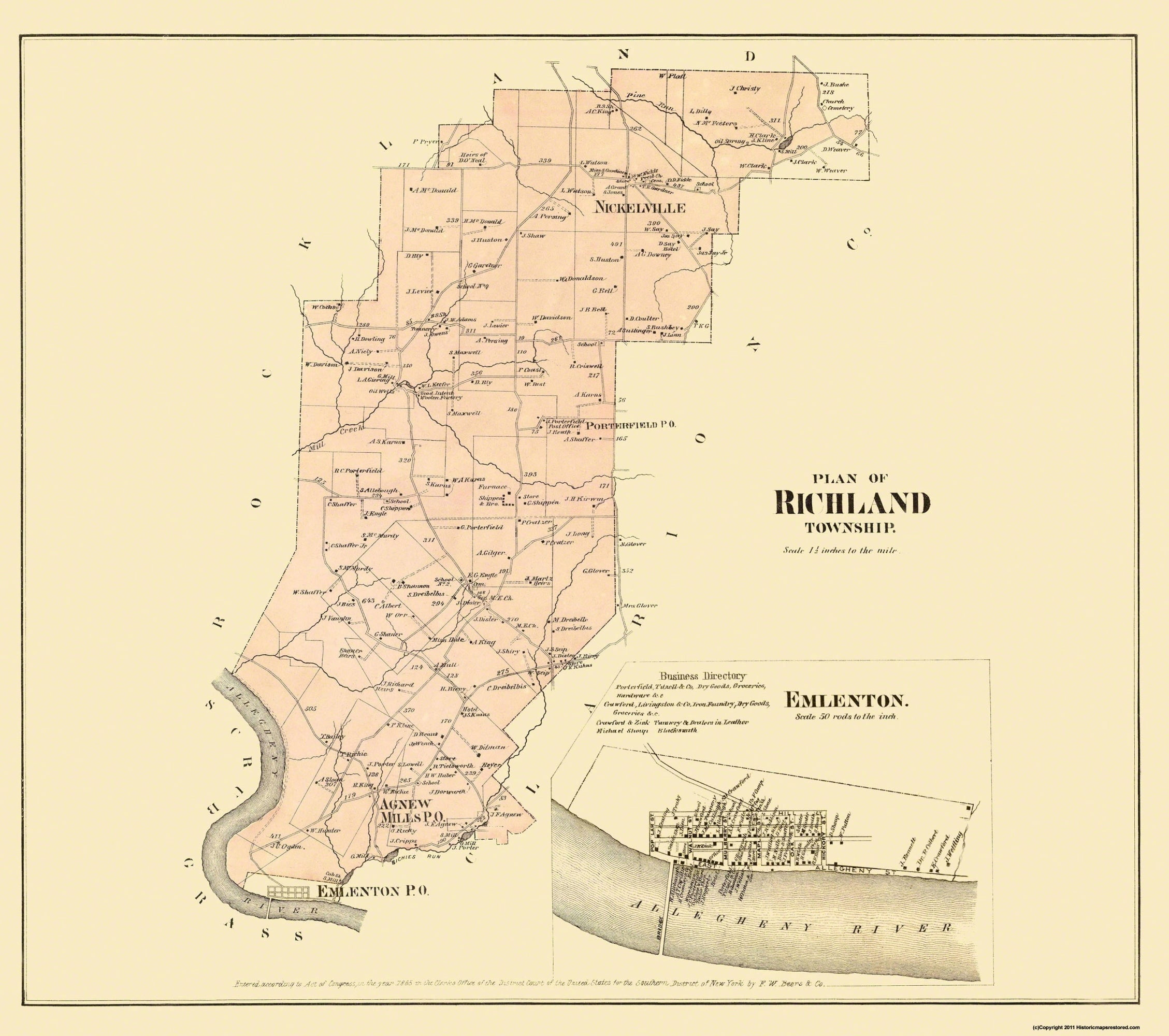 Historic City Map - Richland Pennsylvania - Beers 1865 - 25.94 x 23 ...